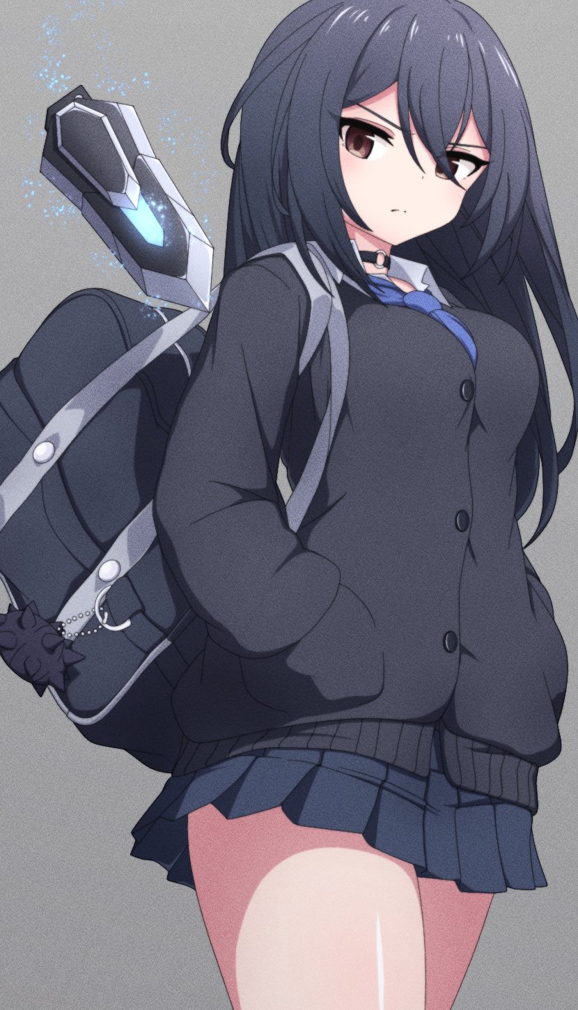 The Big ImageBoard (TBIB) - 1girl alt text bag black cardigan black hair black skirt blue ...