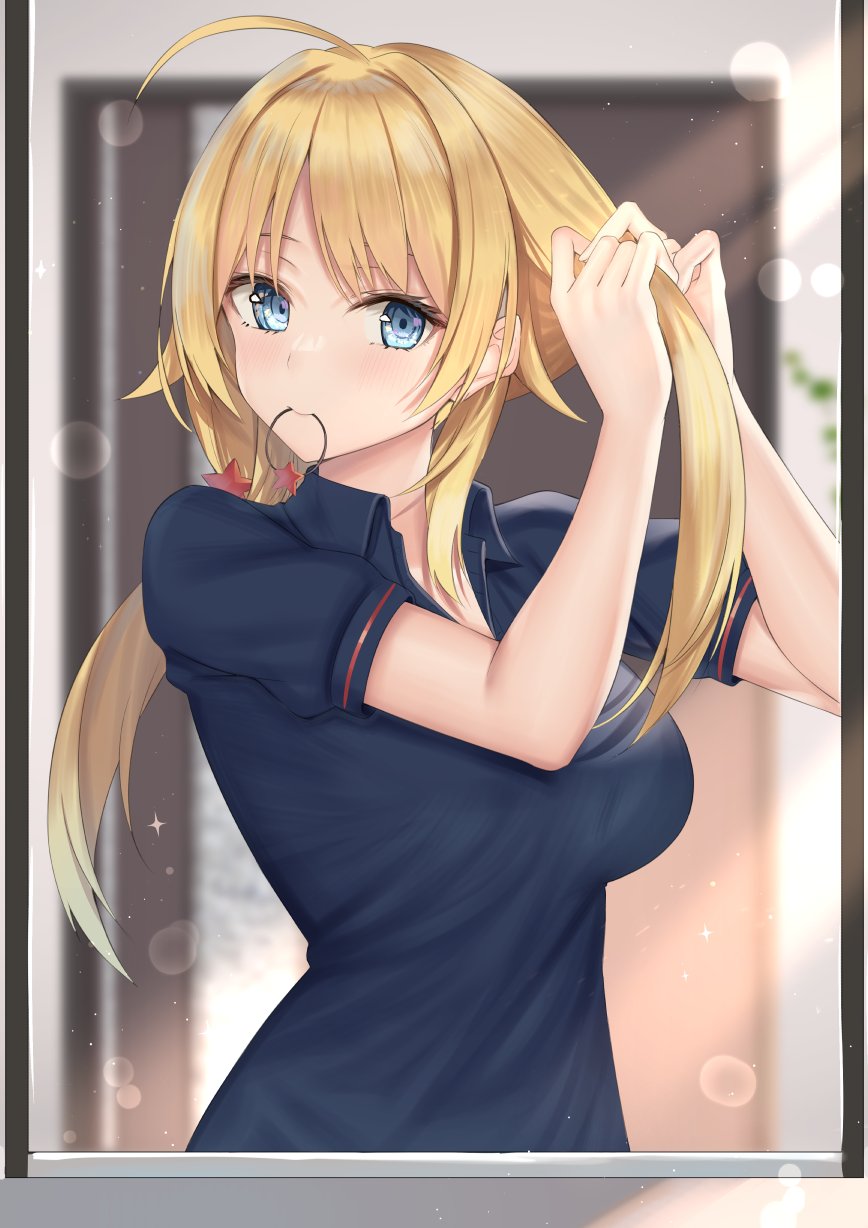 The Big ImageBoard (TBIB) - 1girl adjusting hair ahoge blonde hair blue shirt blush breasts ...