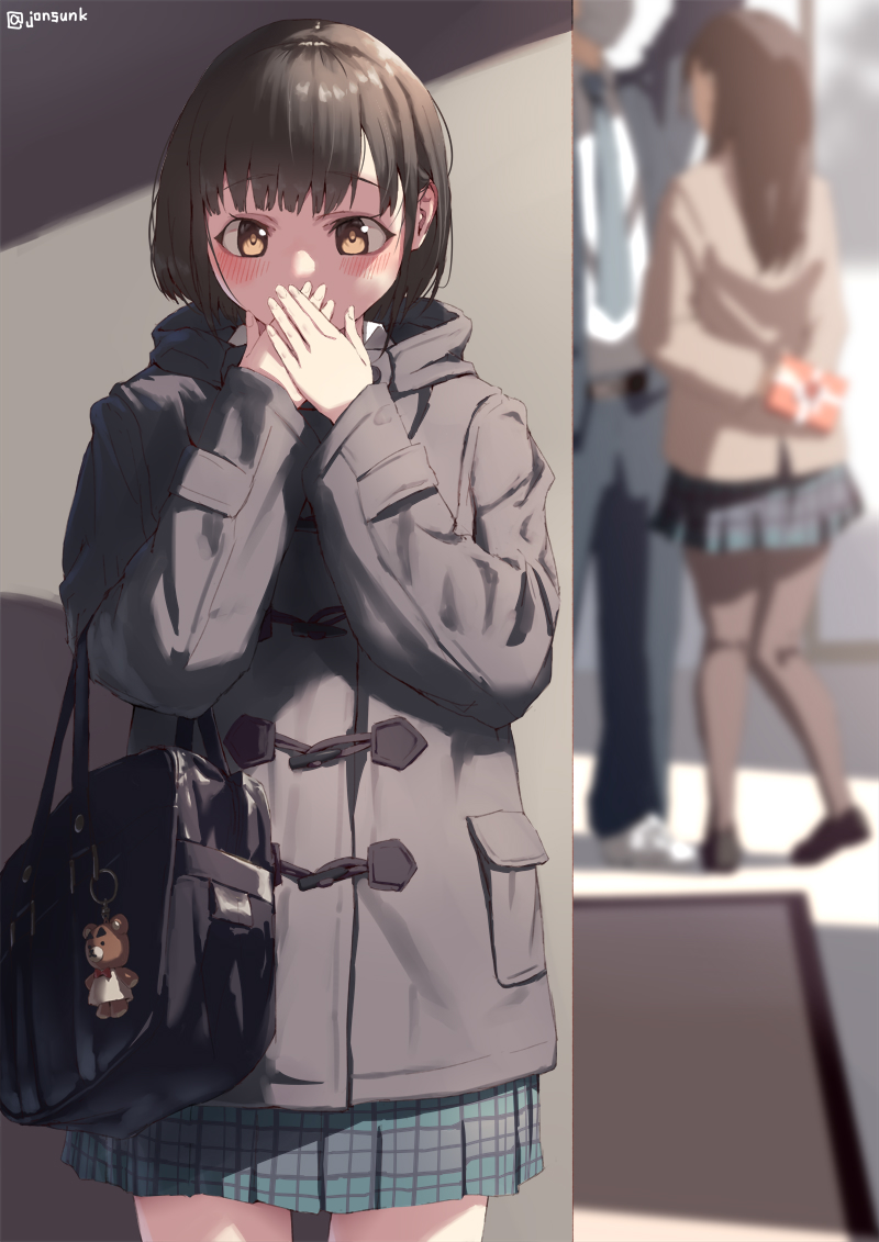 The Big ImageBoard (TBIB) - 1boy 2girls arms behind back bag black bag black coat blue skirt ...