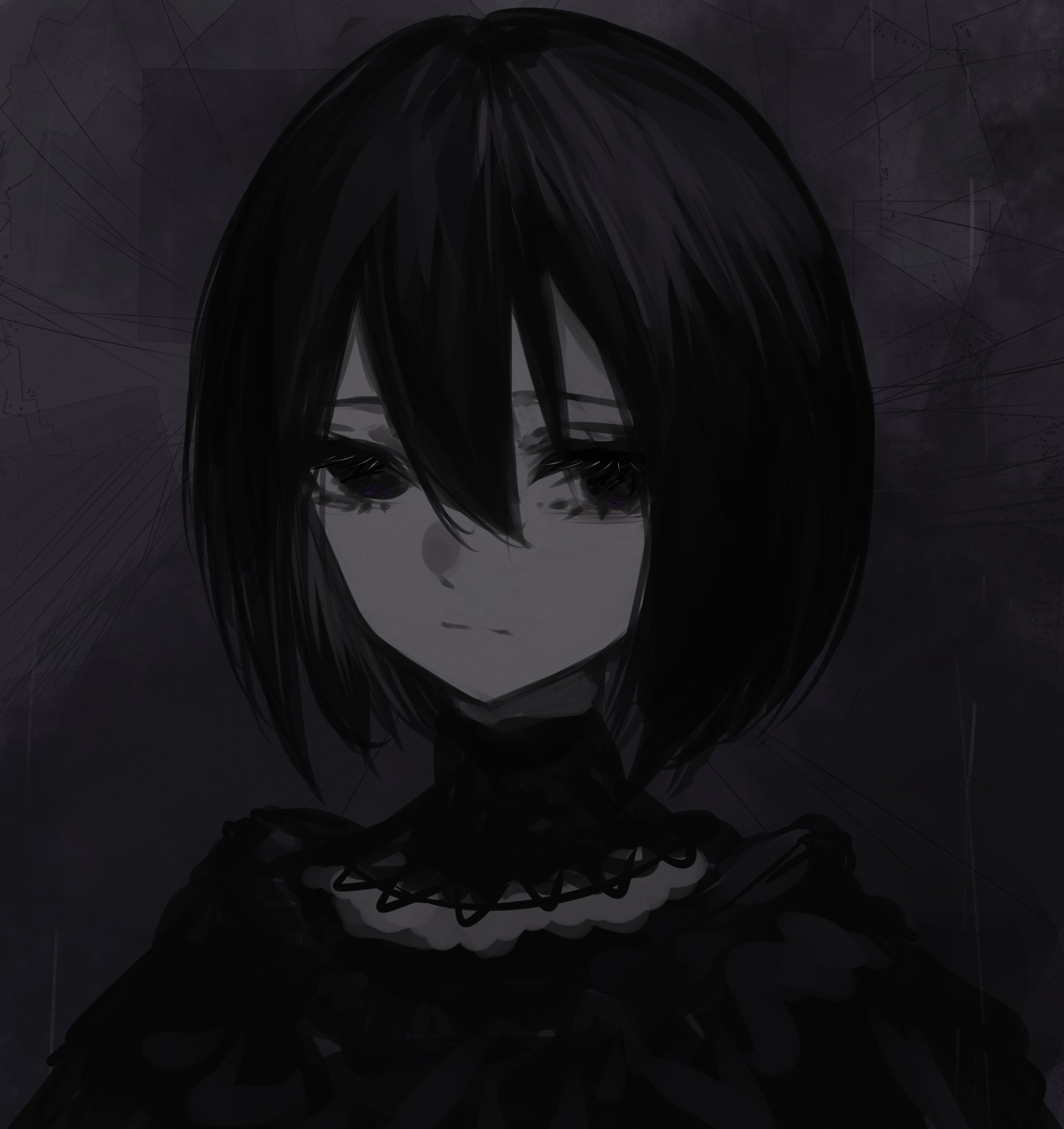 The Big ImageBoard (TBIB) - 1girl absurdres bangs black background black dress black eyes black ...