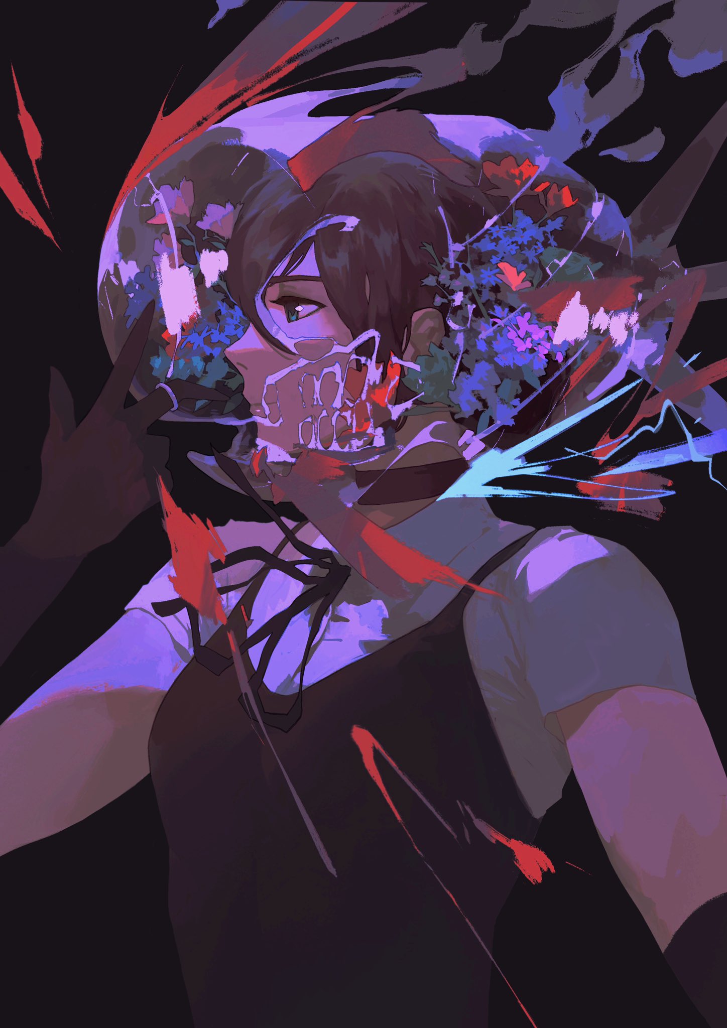 The Big ImageBoard (TBIB) - 1girl black background black choker black gloves black hair black ...