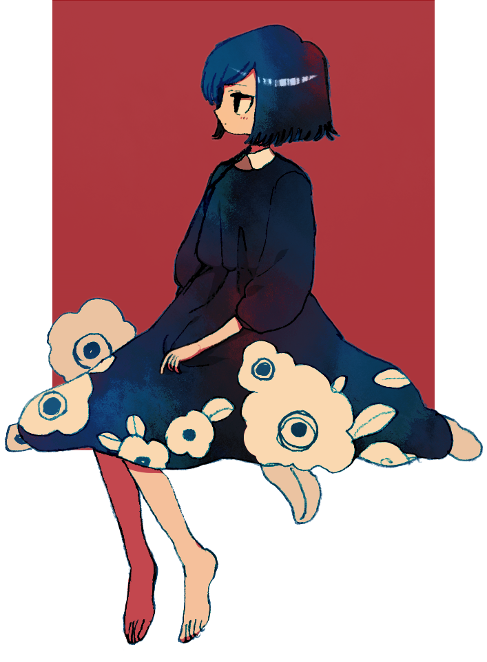 The Big ImageBoard (TBIB) - 1girl barefoot black dress black eyes black hair bob cut border ...