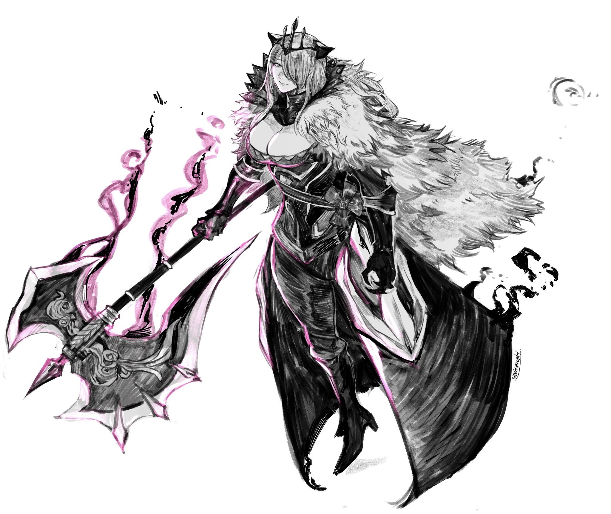 The Big ImageBoard (TBIB) - 1girl artist name axe bangs boots breasts cleavage cloak closed ...