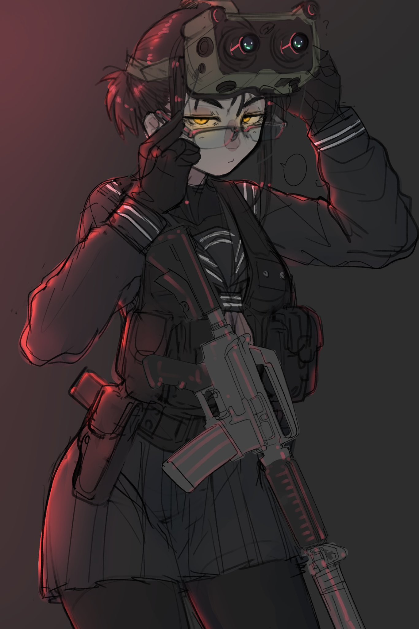 The Big ImageBoard (TBIB) - 1girl arm up black background black gloves black hair black ...