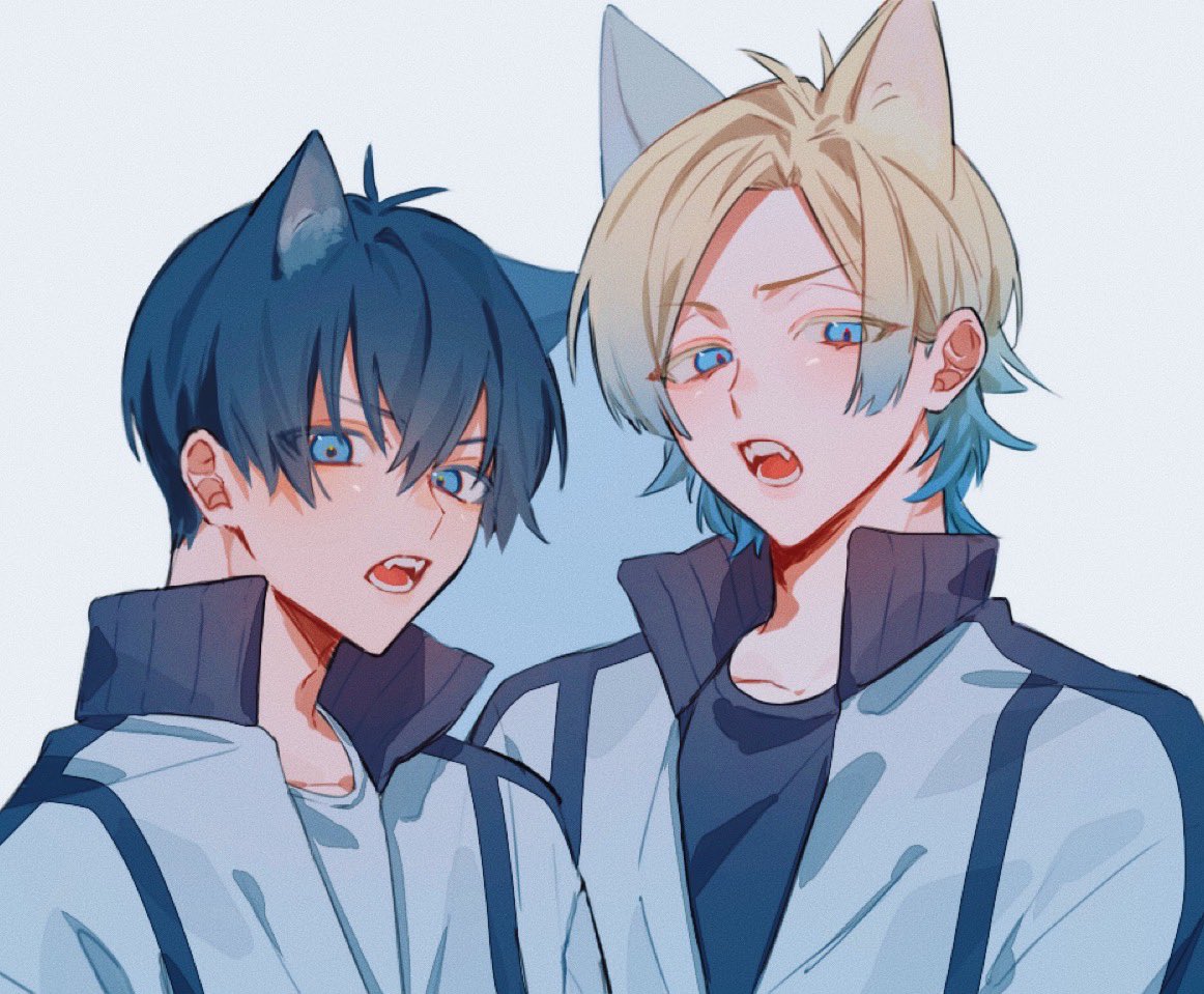 The Big ImageBoard (TBIB) - 2boys animal ears black shirt blonde hair blue eyes blue hair blue ...