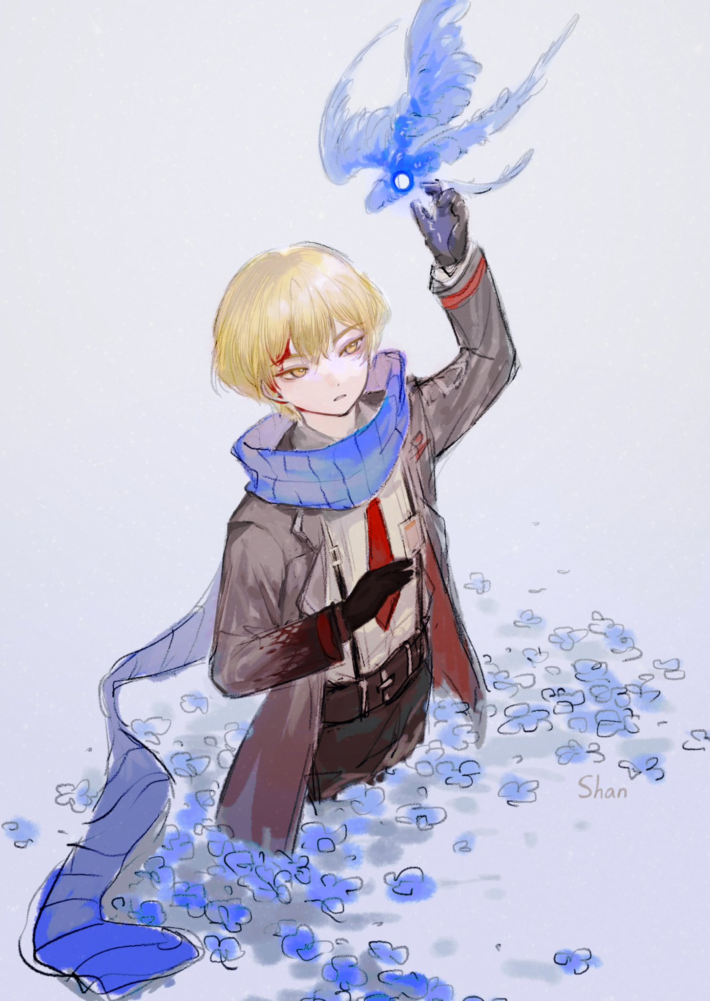 The Big ImageBoard (TBIB) - 1boy arm up black coat black gloves black pants blonde hair blue ...