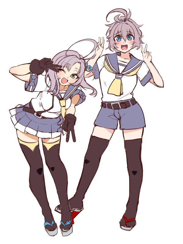 The Big ImageBoard (TBIB) - 2girls ahoge aoba (kancolle) belt black belt black gloves black ...