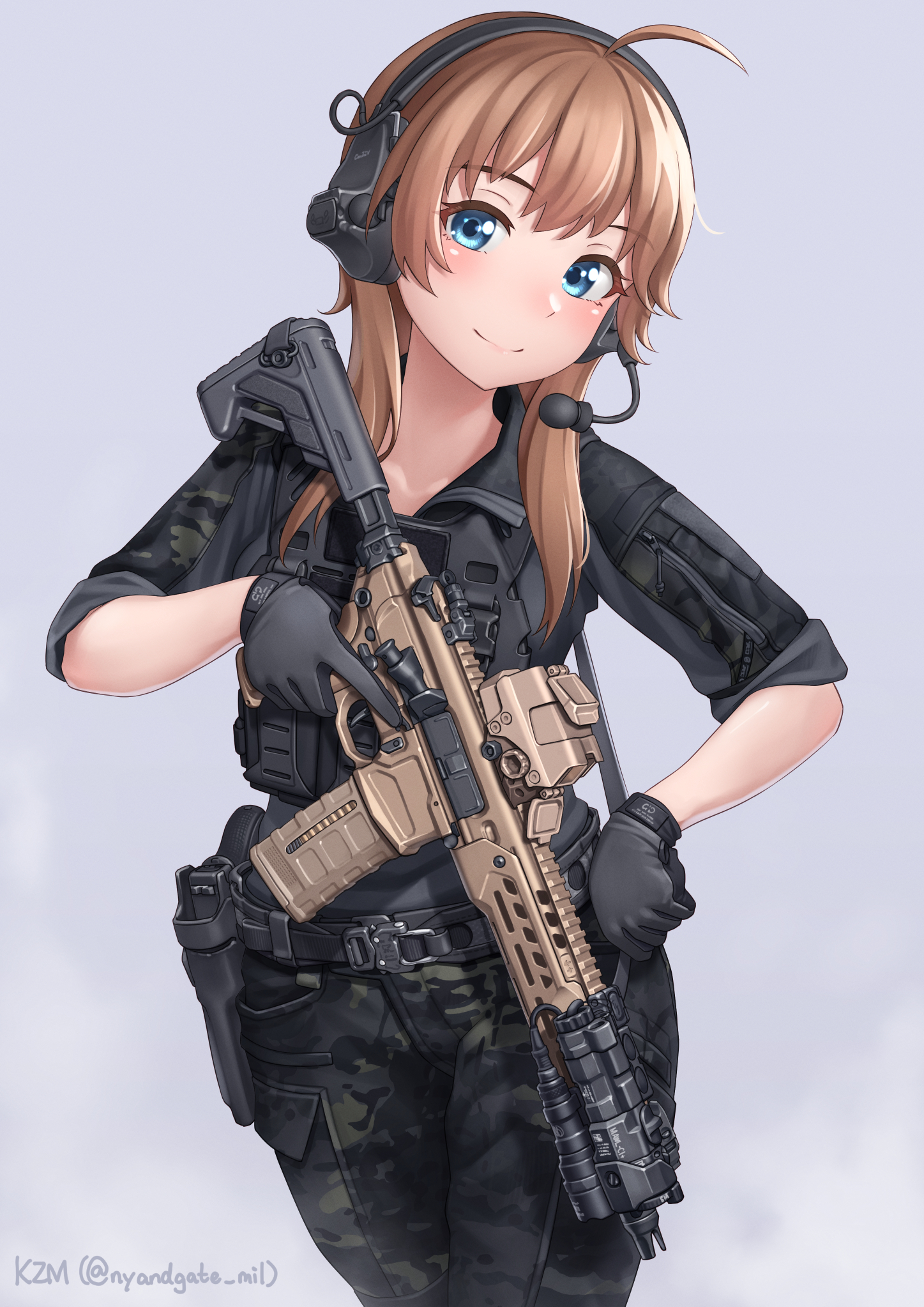 The Big ImageBoard (TBIB) - 1girl assault rifle black gloves black jacket black pants blue eyes ...
