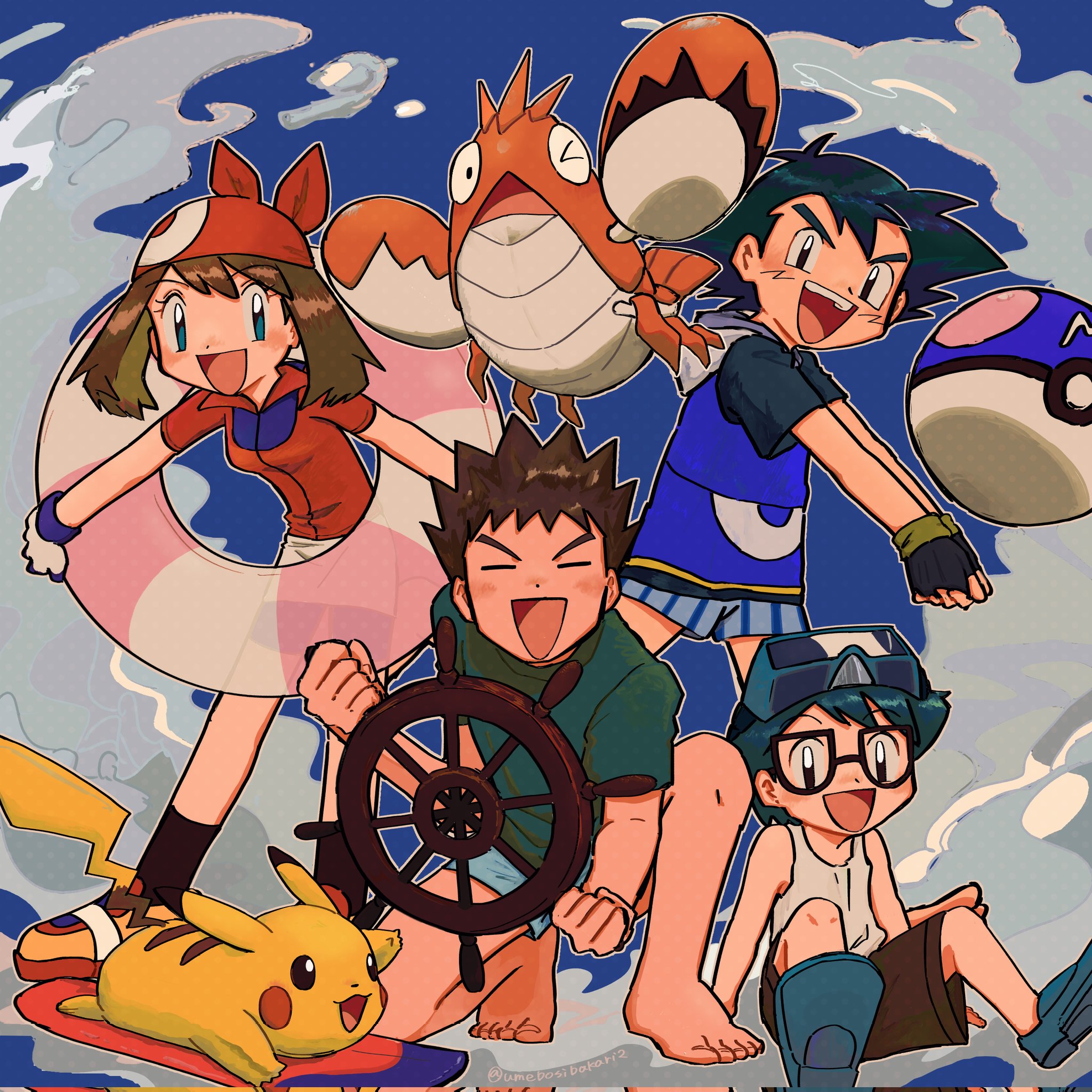 The Big ImageBoard (TBIB) - 1girl 3boys :d ash ketchum bandana barefoot ...