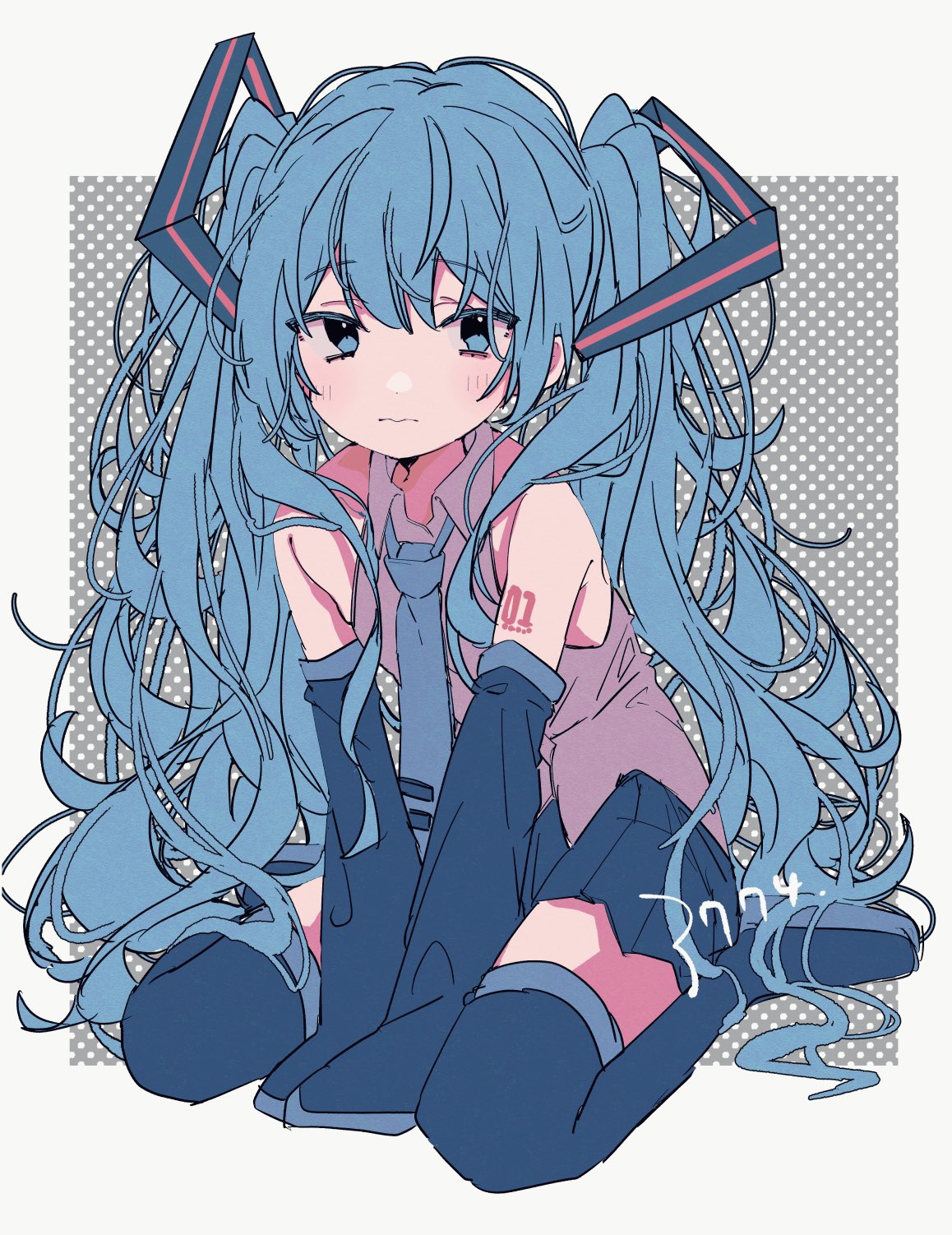 The Big ImageBoard (TBIB) - 1girl :| aqua eyes aqua hair aqua necktie arms between legs black ...