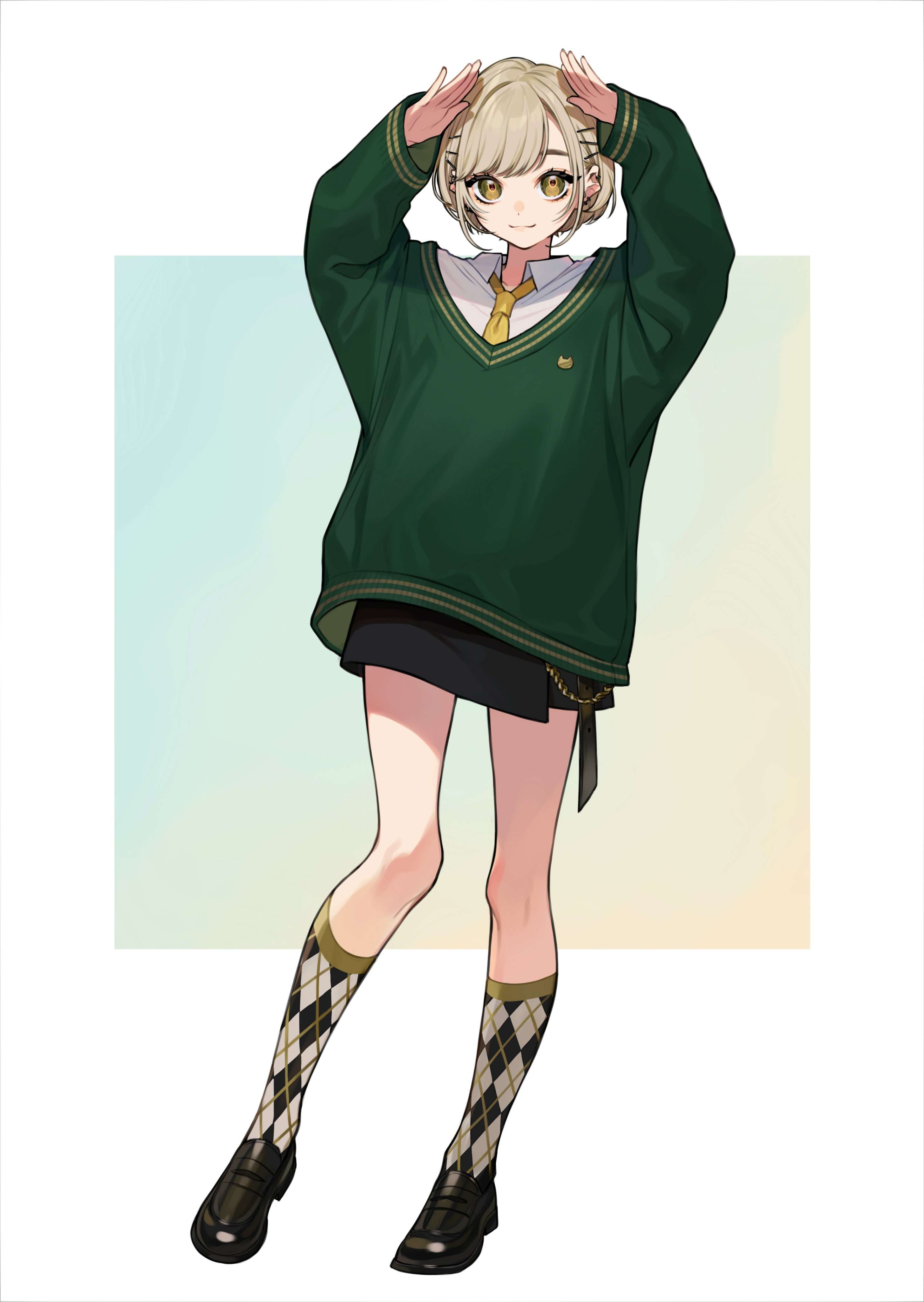 The Big ImageBoard (TBIB) - 1girl absurdres argyle clothes argyle socks arms up black skirt ...