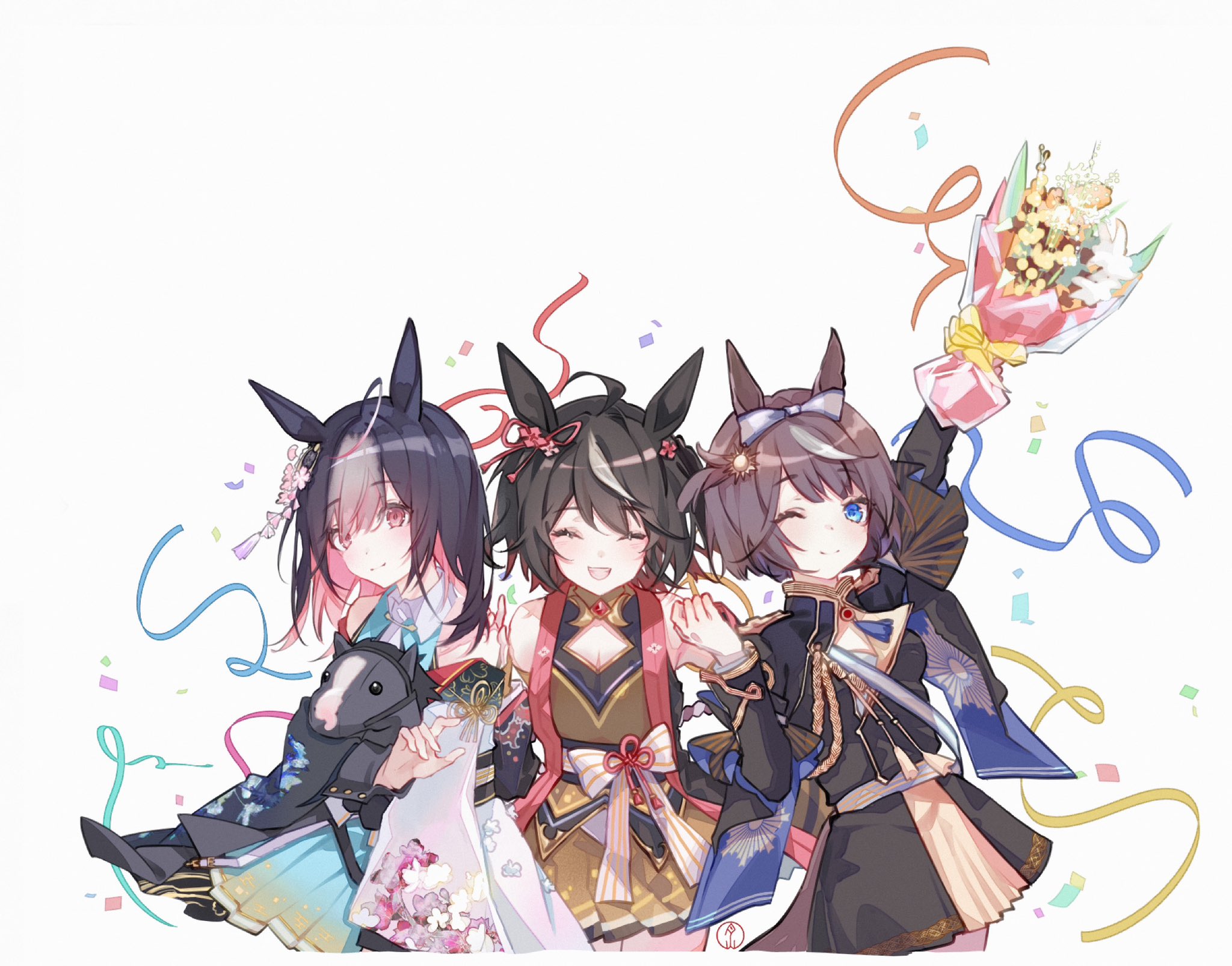 The Big ImageBoard (TBIB) - 3girls ahoge animal ears arm up black hair blue eyes breasts ...