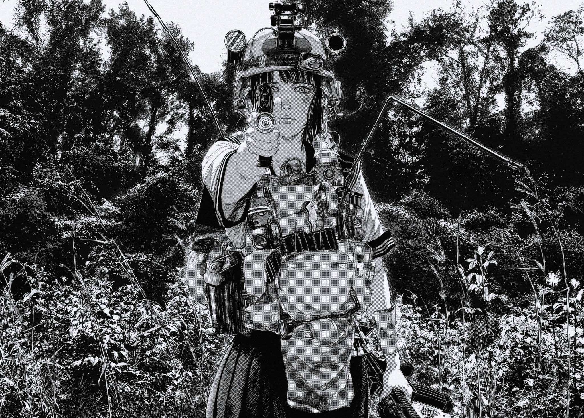 The Big ImageBoard (TBIB) - 1girl greyscale gun handgun highres holding holding gun holding ...