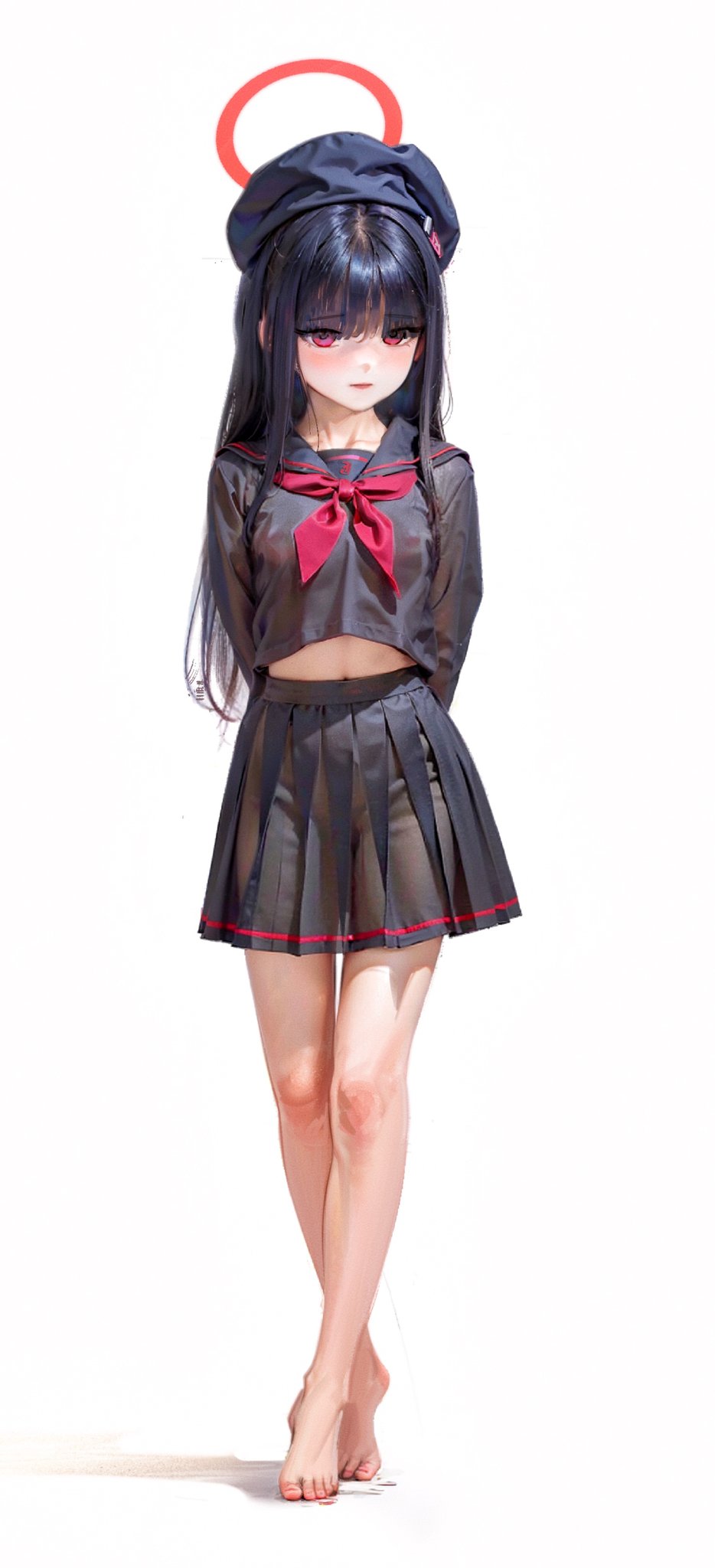 The Big ImageBoard (TBIB) - 1girl arms behind back bare legs barefoot black hair black serafuku ...