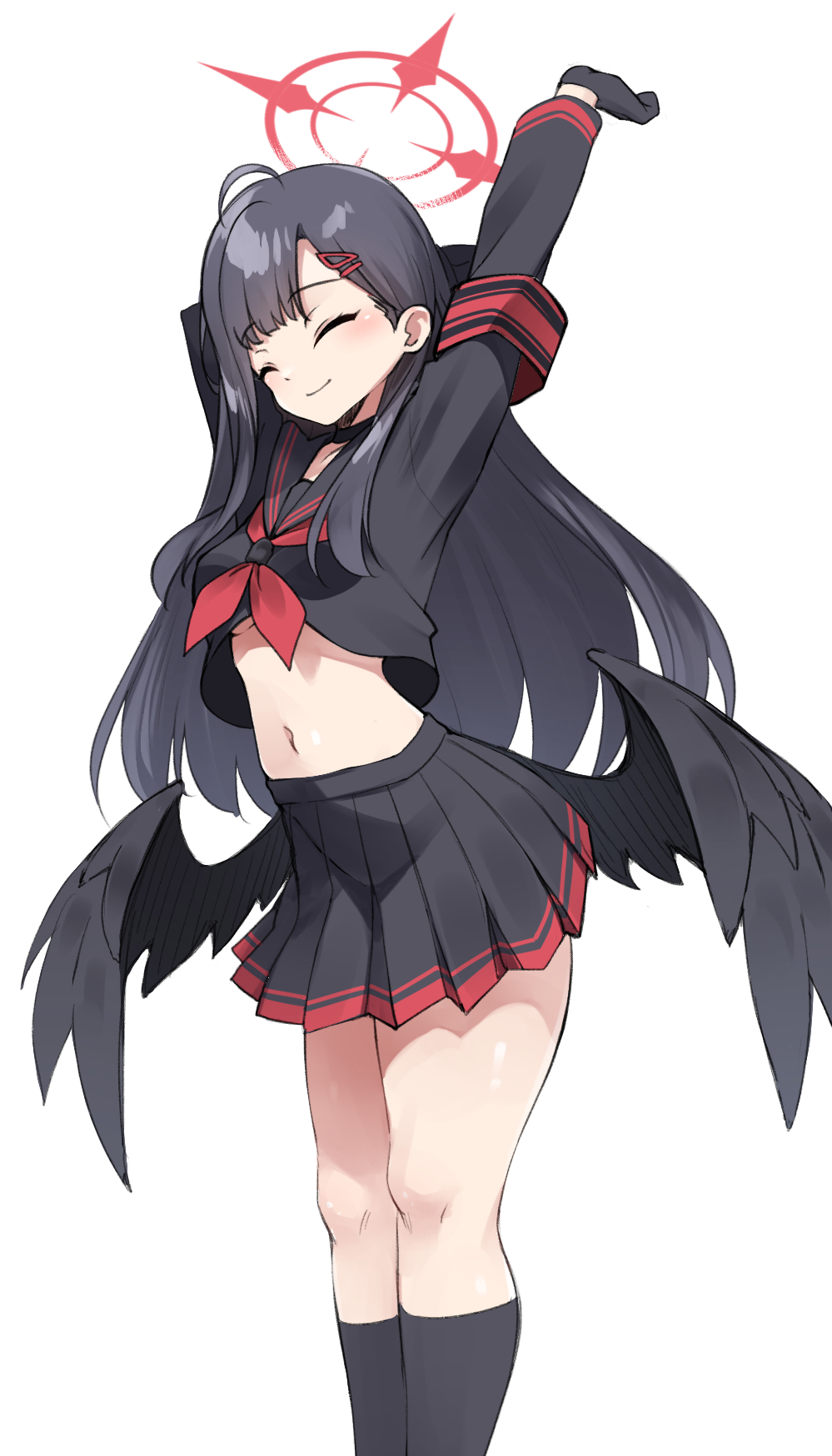 The Big ImageBoard (TBIB) - 1girl ^ ^ ahoge arm up black hair black serafuku black skirt black ...