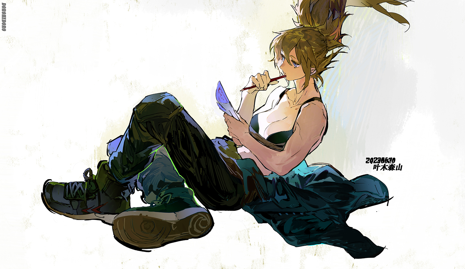The Big Imageboard Tbib 1girl Black Pants Blue Eyes Breasts