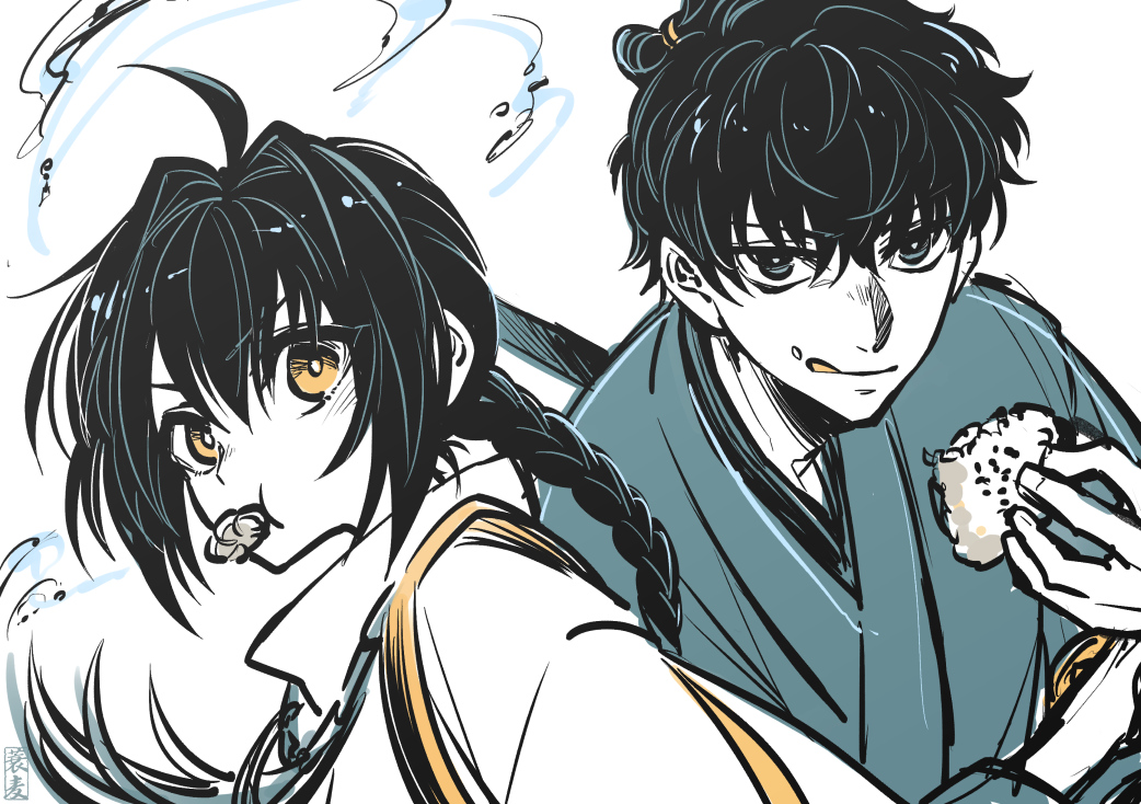 The Big ImageBoard (TBIB) - 1boy 1other ahoge androgynous black hair blue eyes blue kimono braid ...