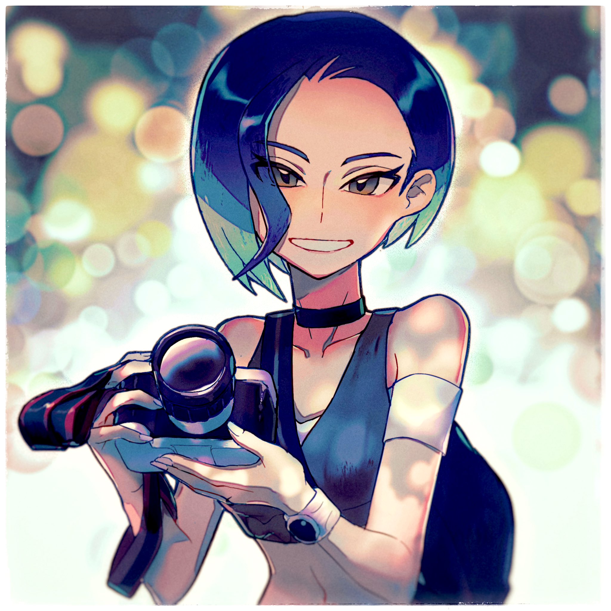 The Big ImageBoard (TBIB) - 1girl bare shoulders black choker black shirt black sports bra blue ...