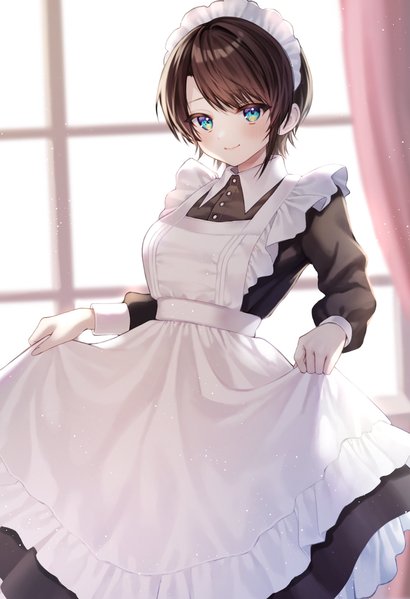 The Big ImageBoard (TBIB) - 1girl alternate costume apron black dress blue eyes blurry blurry ...
