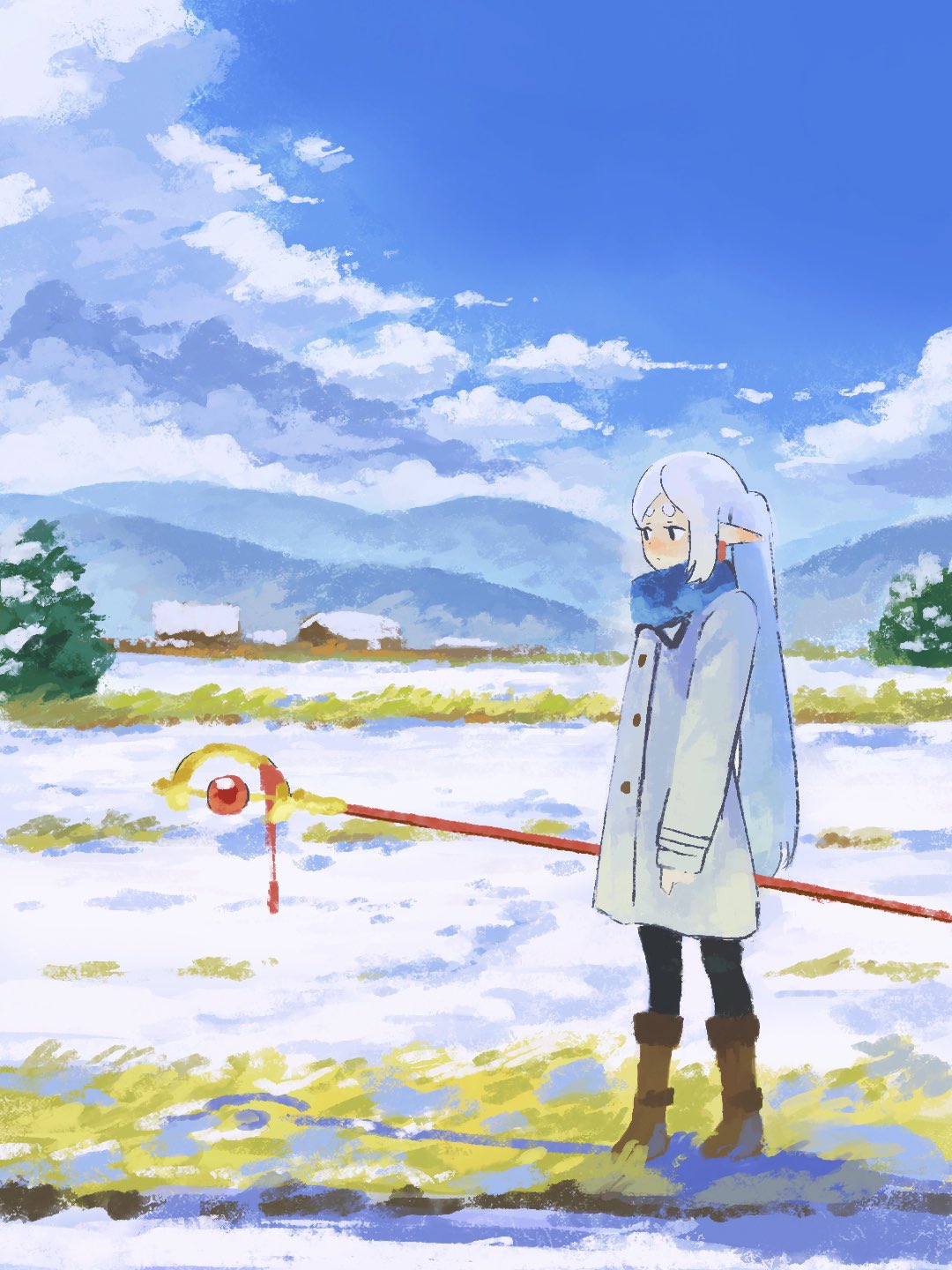 The Big ImageBoard (TBIB) - 1girl blue scarf blue sky boots brown footwear cloud coat commentary ...