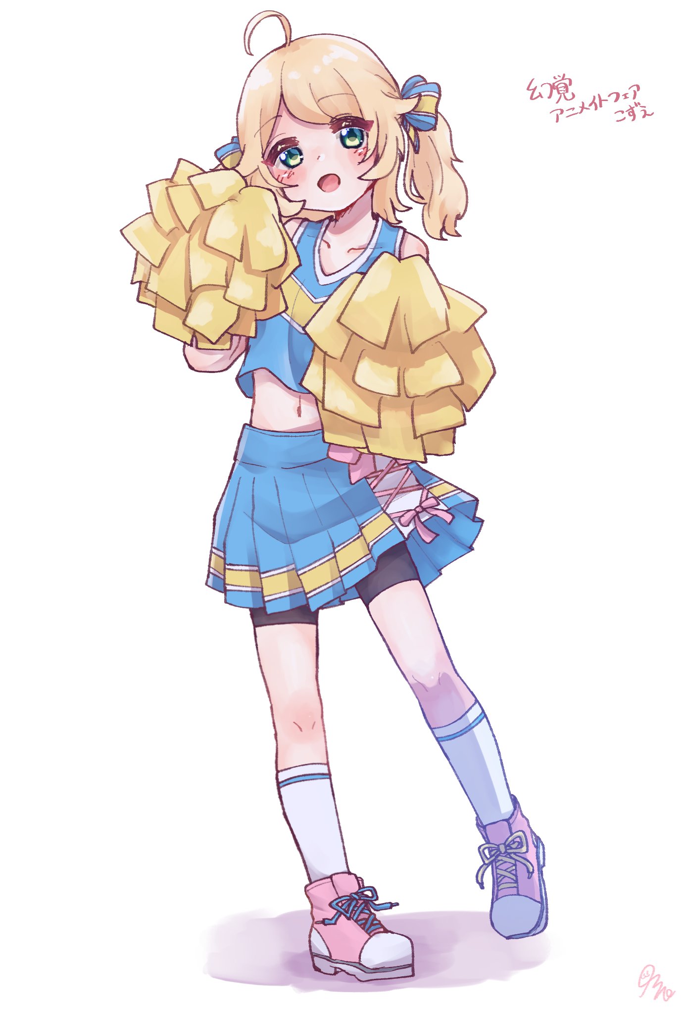 The Big ImageBoard (TBIB) - 1girl ahoge bangs bike shorts black shorts blonde hair blue shirt ...