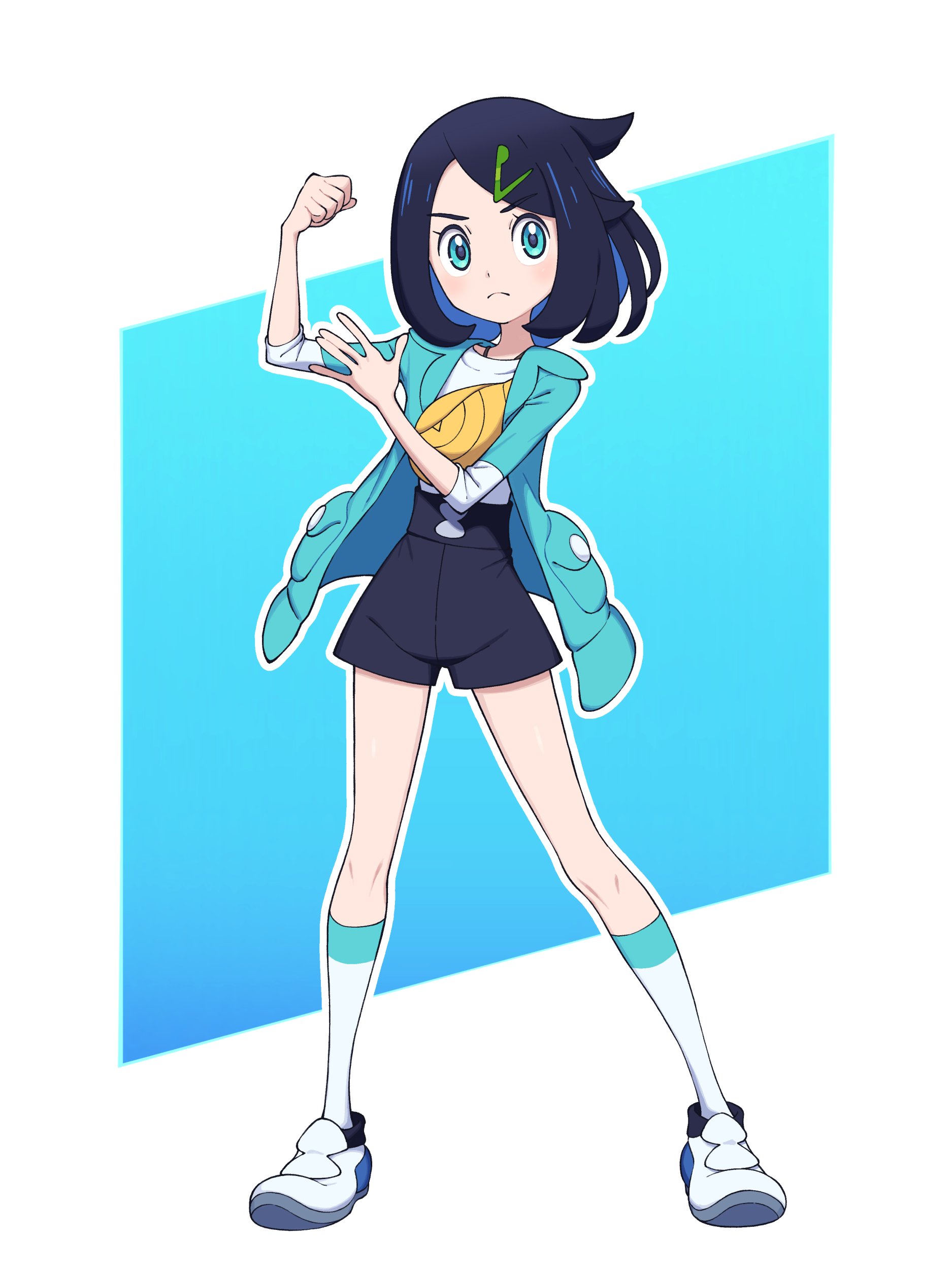The Big ImageBoard (TBIB) - 1girl absurdres black hair black shorts blue coat blue eyes closed ...
