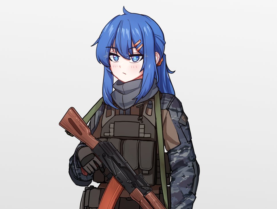 The Big ImageBoard (TBIB) - 1girl ak-47 assault rifle blue eyes blue hair blush brown gloves ...
