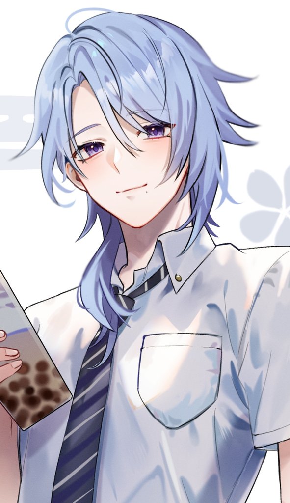 The Big ImageBoard (TBIB) - 1boy a20190422 bishounen blue hair blue necktie blush bubble tea ...