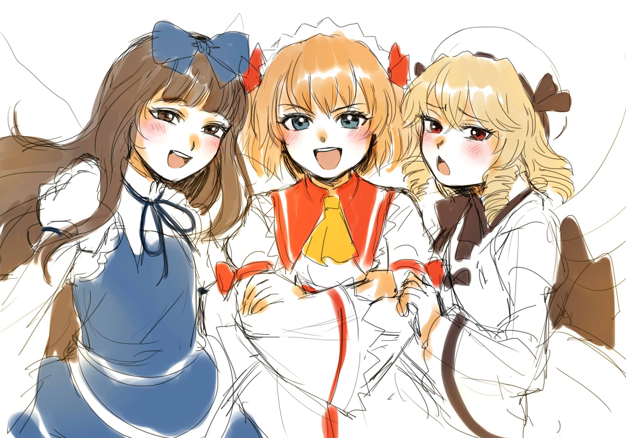 The Big ImageBoard (TBIB) - 3girls :d ascot blonde hair blue dress blue eyes blush bow brown ...