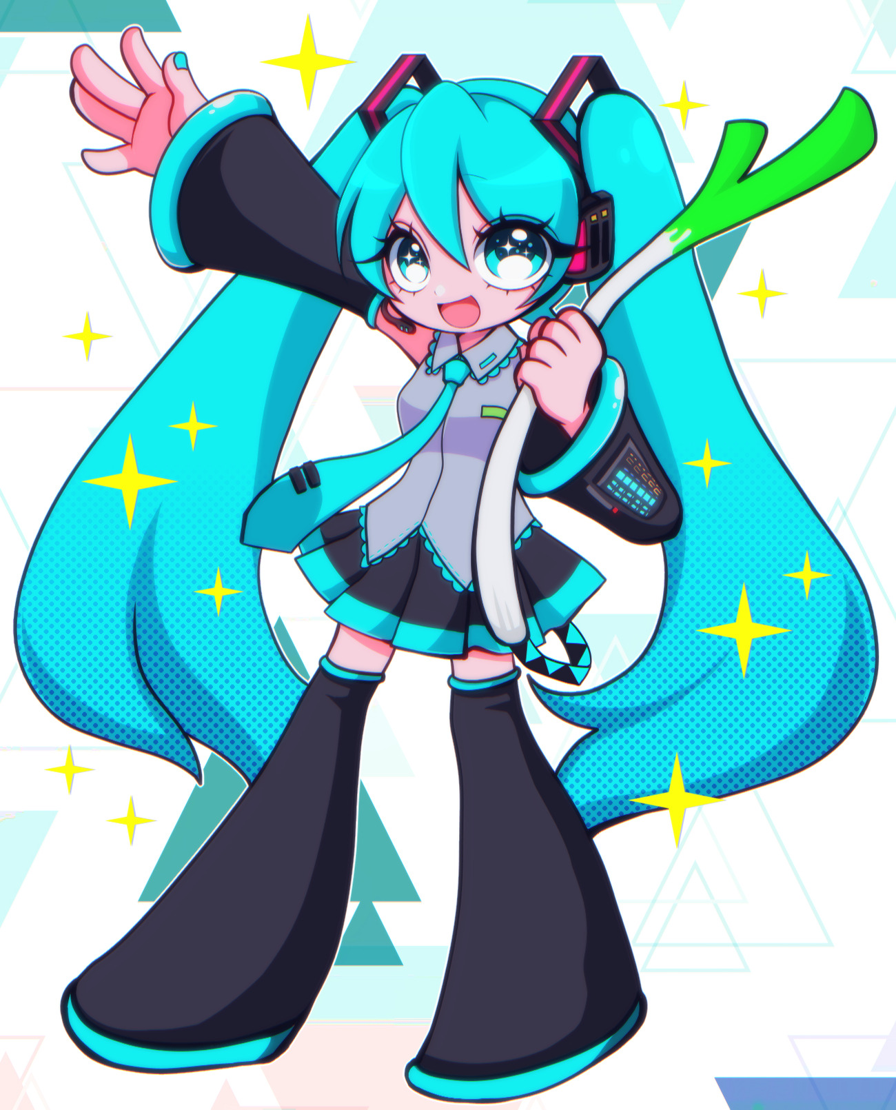 The Big ImageBoard (TBIB) - 1girl aqua hair aqua nails arm up black skirt boots chibi commentary ...
