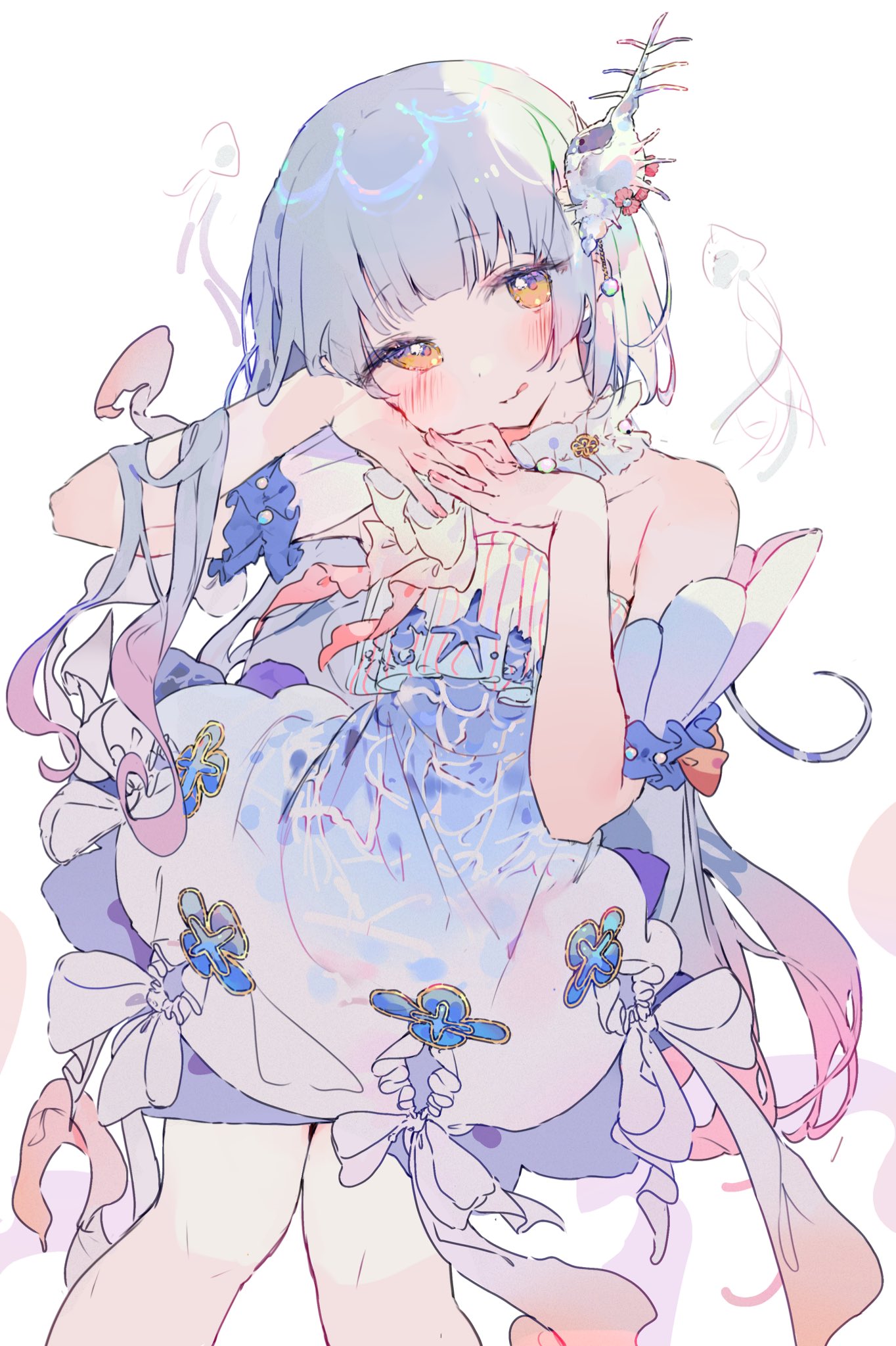 The Big ImageBoard (TBIB) - 1girl aqua hair bare shoulders blue dress blunt bangs blush closed ...