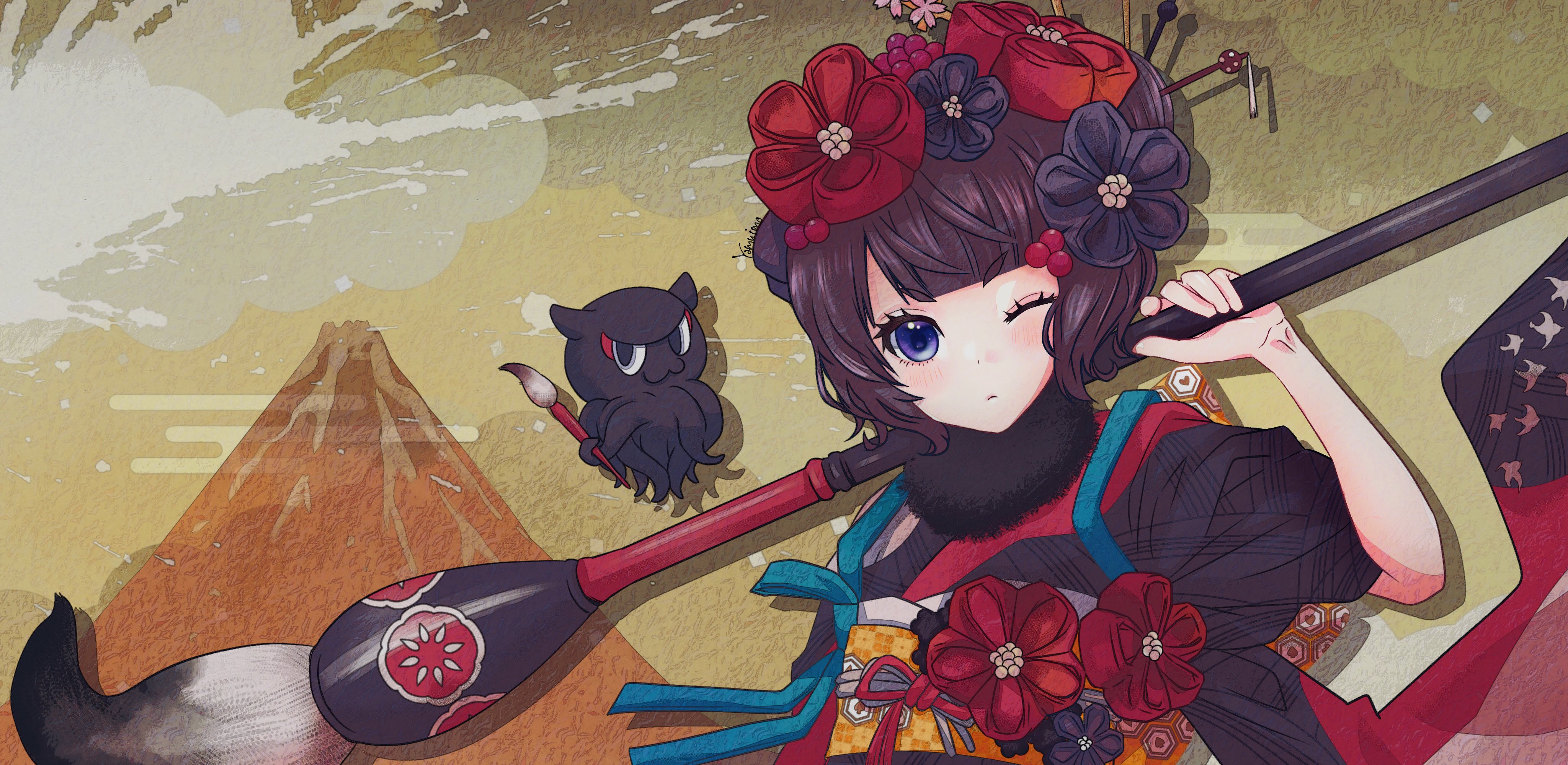 The Big ImageBoard (TBIB) - 1girl :3 absurdres black hair black kimono ...
