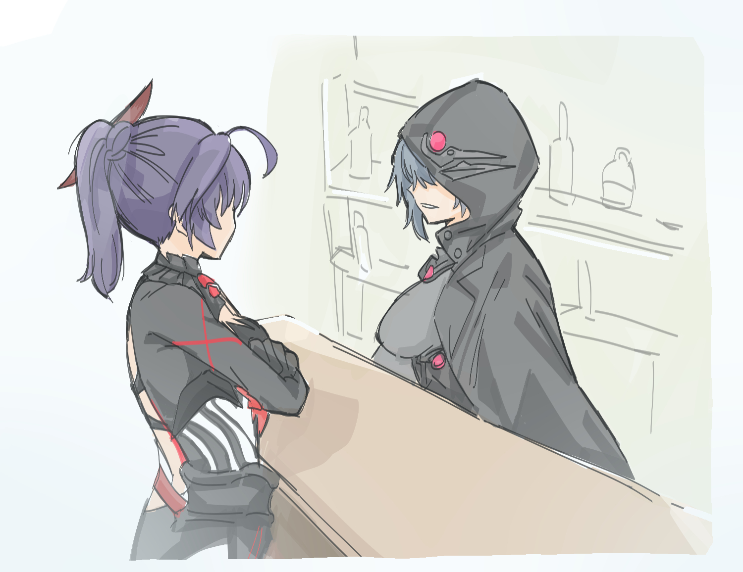 The Big ImageBoard (TBIB) - 2girls ahoge bar (place) black bodysuit black gloves black hood ...