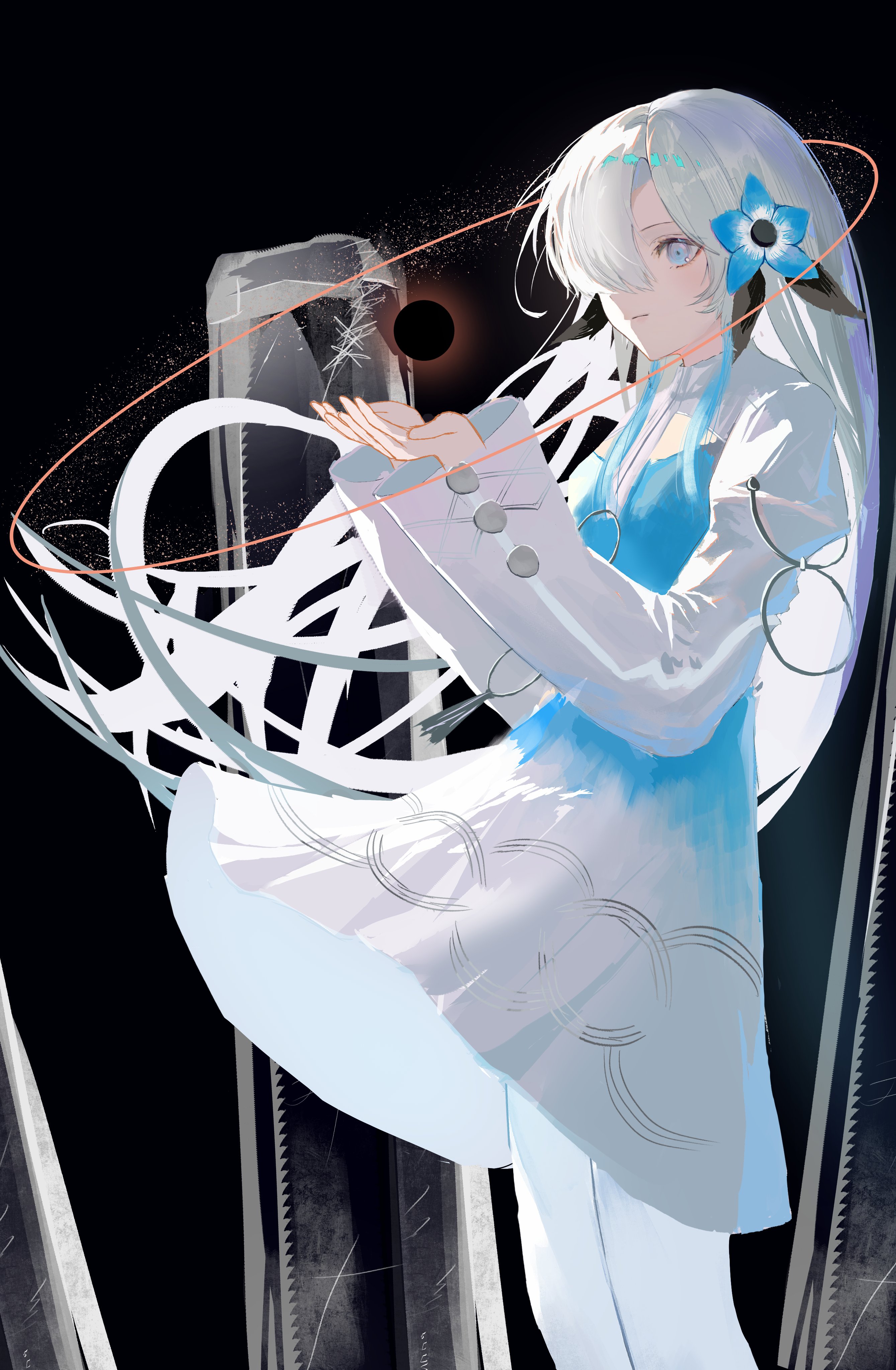 The Big ImageBoard (TBIB) - 1girl absurdres black background blue dress blue eyes blue flower ...