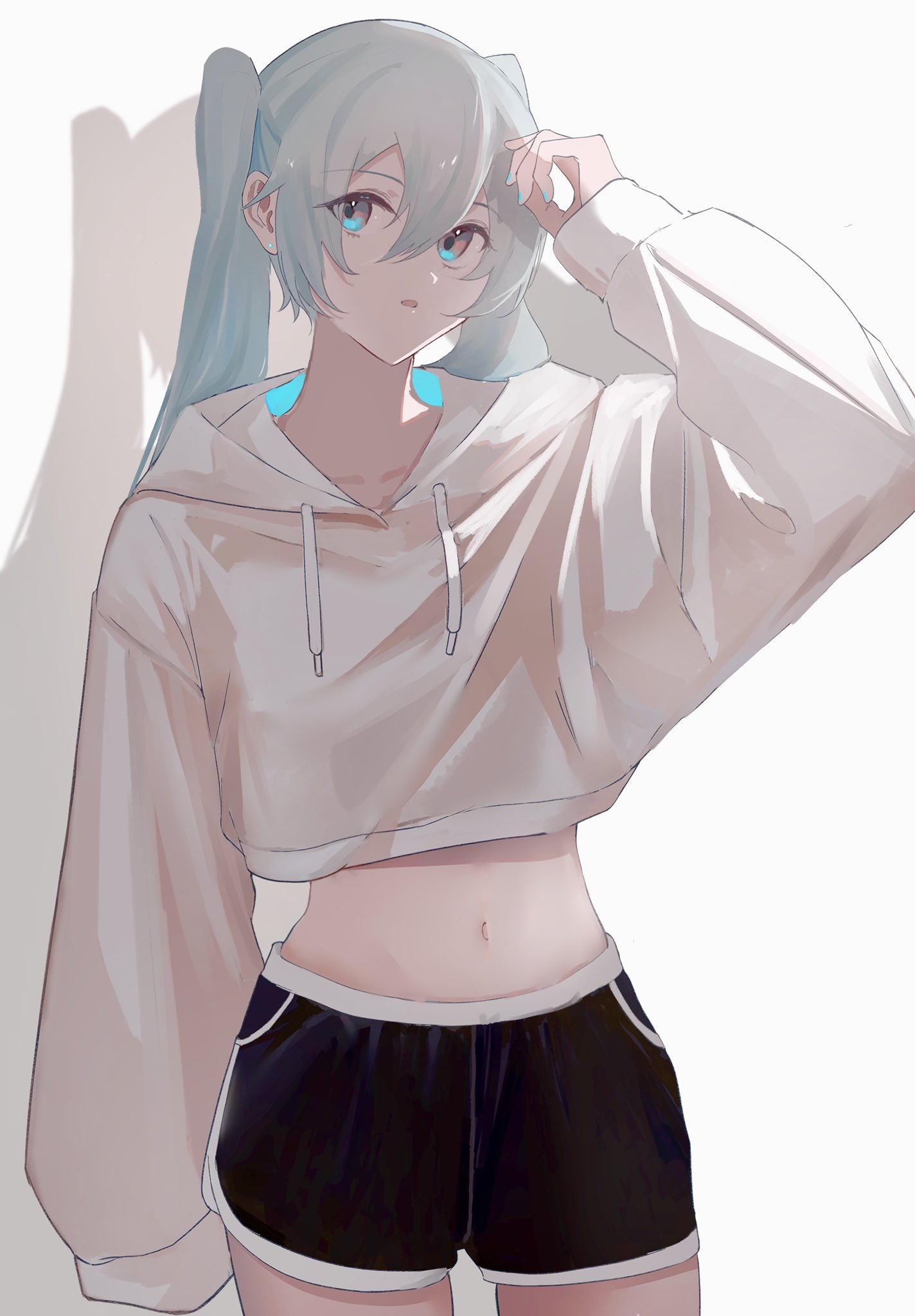 The Big ImageBoard (TBIB) - 1girl alternate costume arm up black shorts blue eyes blue hair blue ...