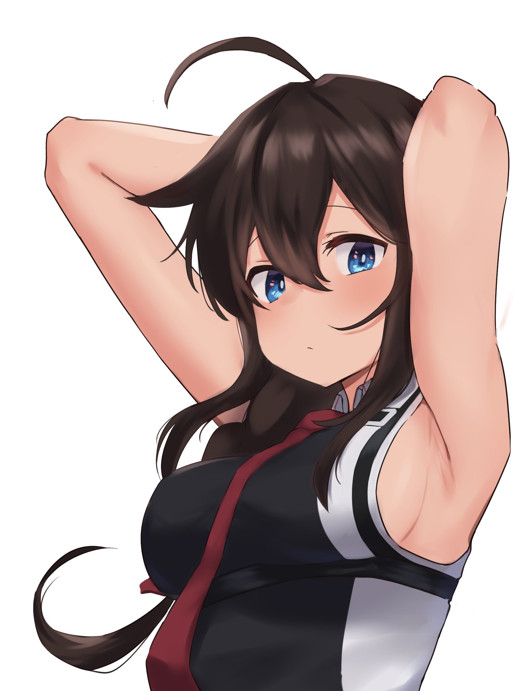 The Big ImageBoard (TBIB) - 1girl ahoge arms behind head black hair black shirt blue eyes braid ...