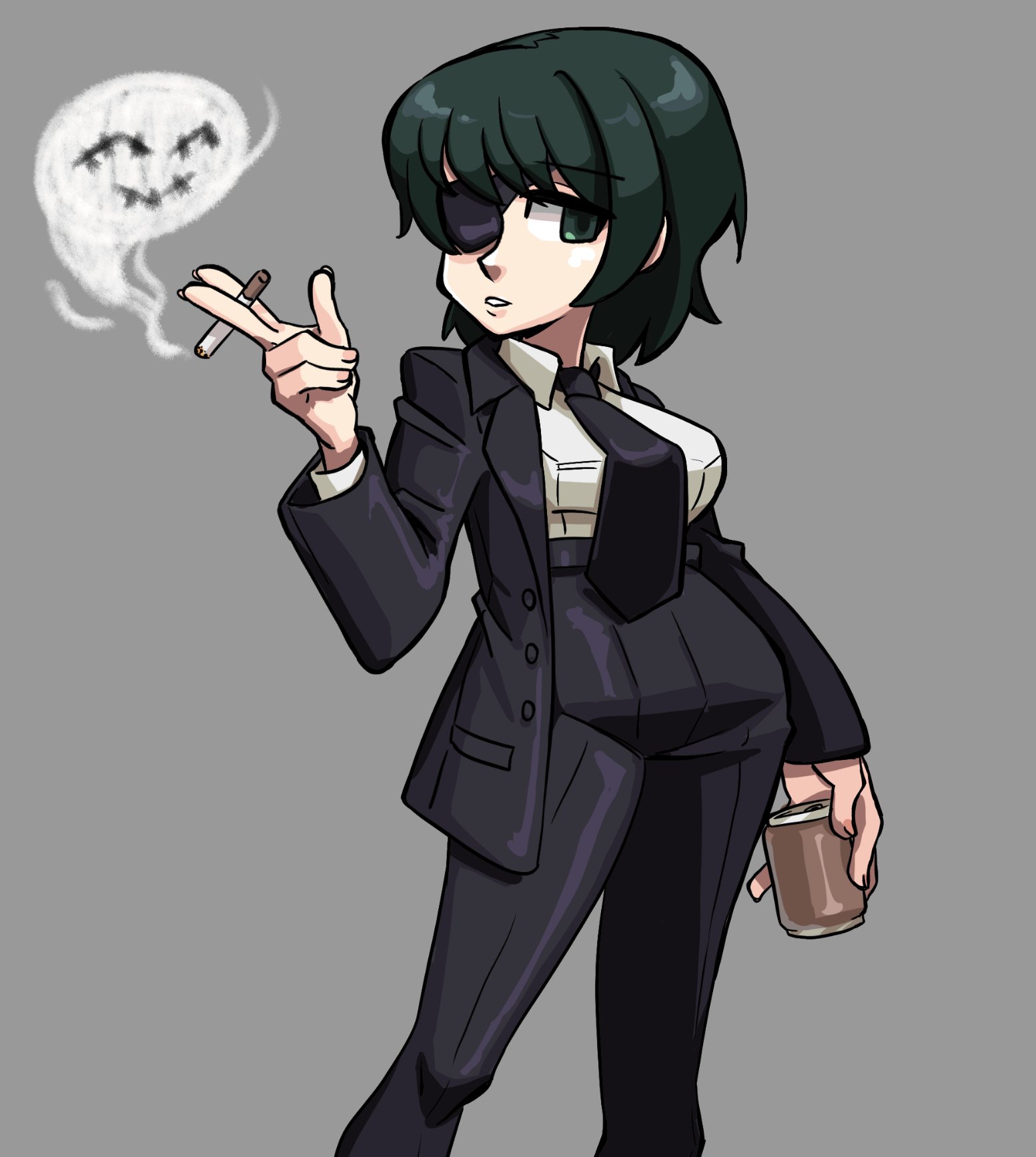 The Big ImageBoard (TBIB) - 1girl beer can black hair black jacket black necktie black pants ...