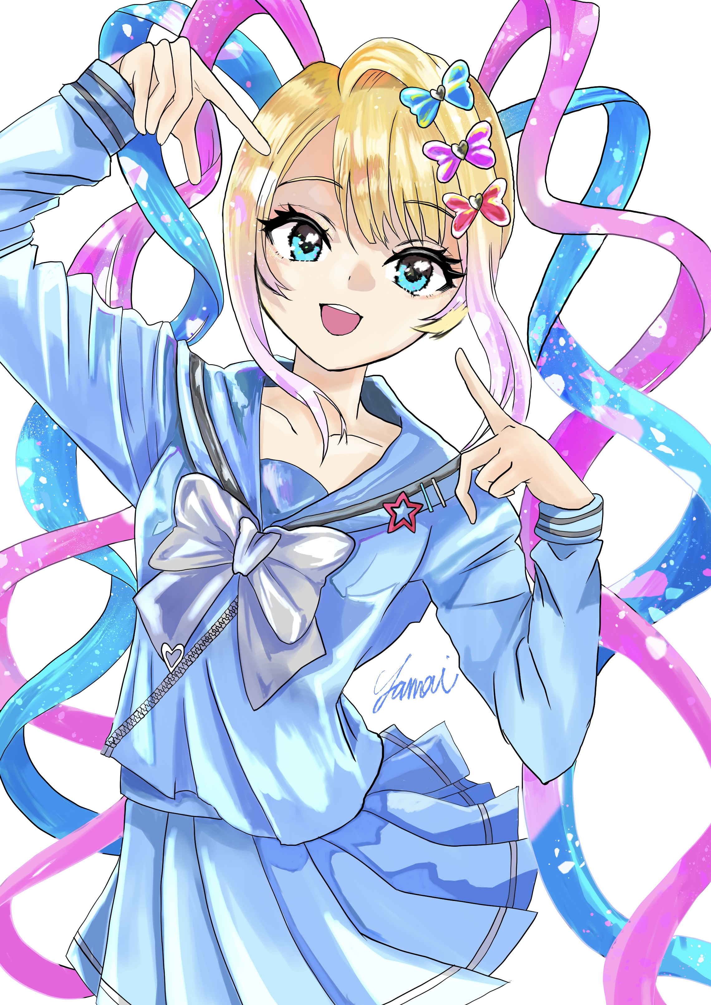 The Big ImageBoard (TBIB) - 1girl :d absurdres arm up artist name blonde hair blue bow blue eyes ...