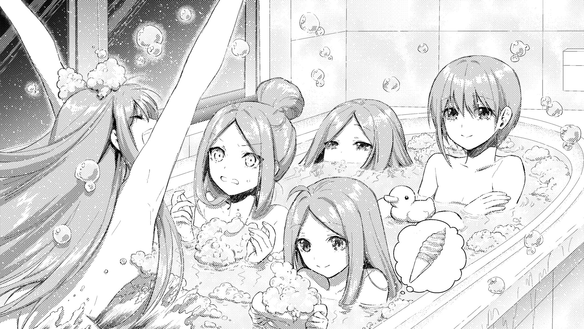 The Big Imageboard Tbib 5girls Arms Up Bare Shoulders Bath Bathing
