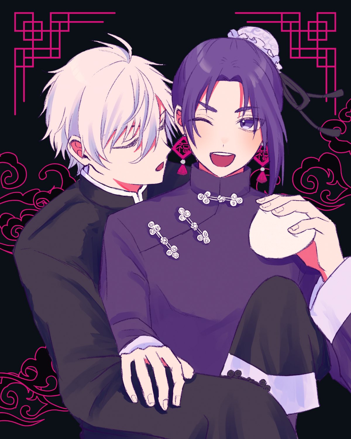 The Big ImageBoard (TBIB) - 2boys black background blue lock bun cover chinese clothes closed ...