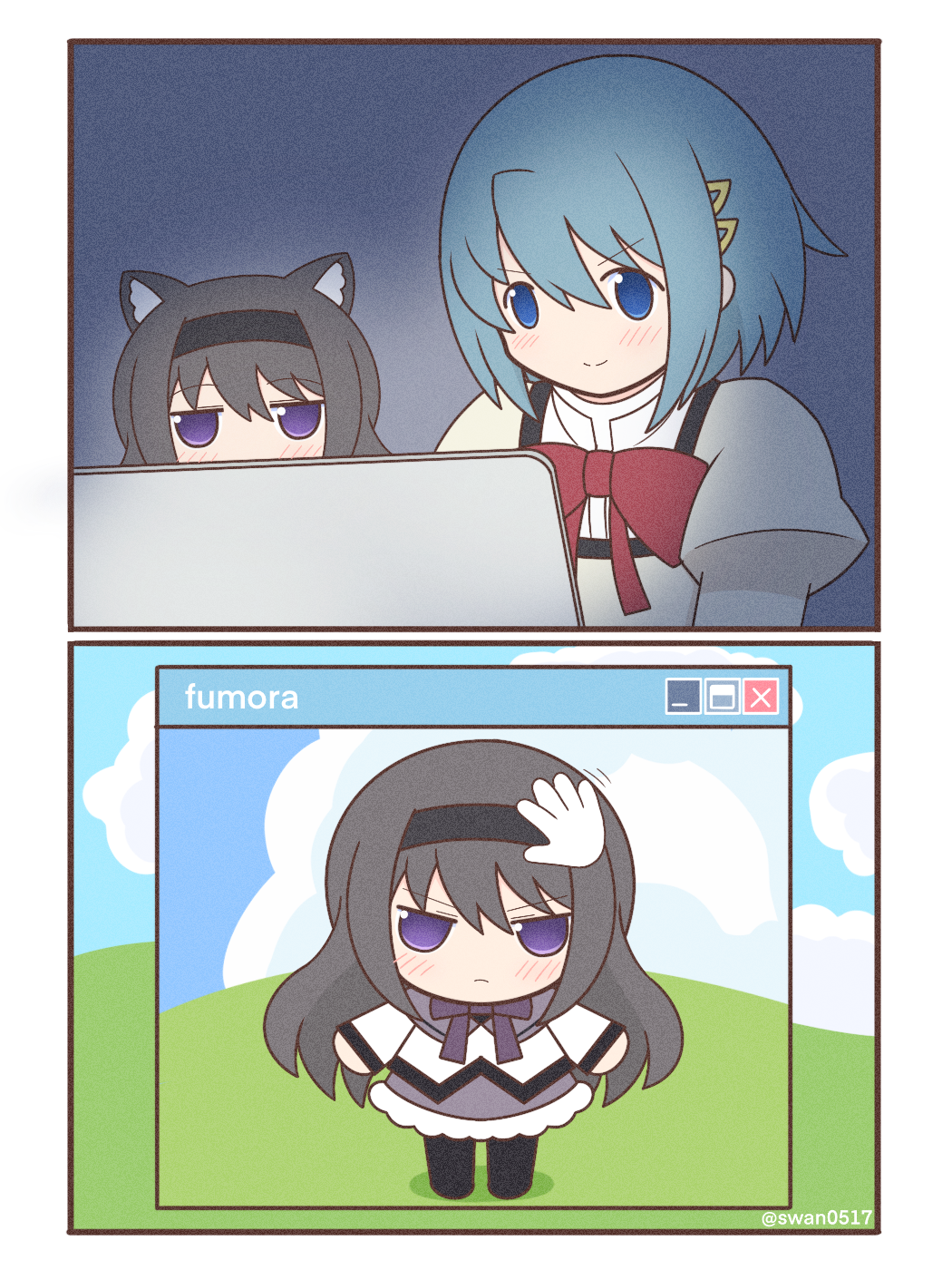 The Big ImageBoard (TBIB) - 2girls akemi homura animal ears black hair black hairband blue eyes ...