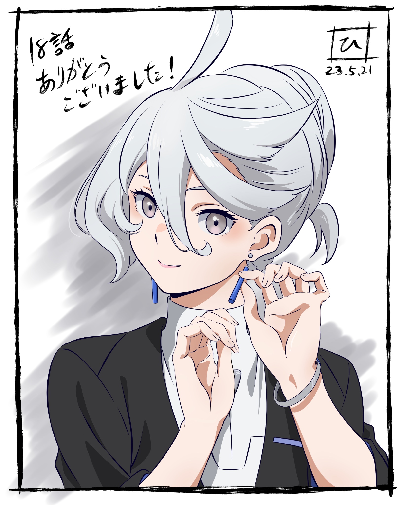 The Big ImageBoard (TBIB) - 1girl ahoge alternate hairstyle black jacket bracelet earrings grey ...