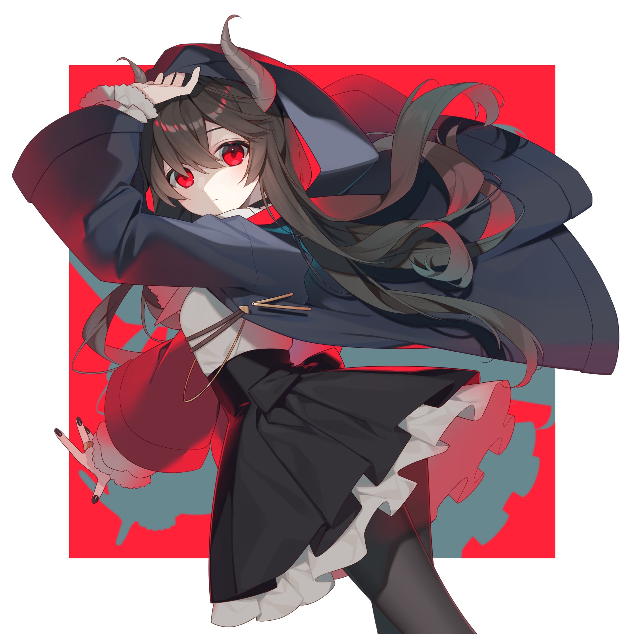 The Big ImageBoard (TBIB) - 1girl arm up black jacket black nails black pantyhose black skirt ...