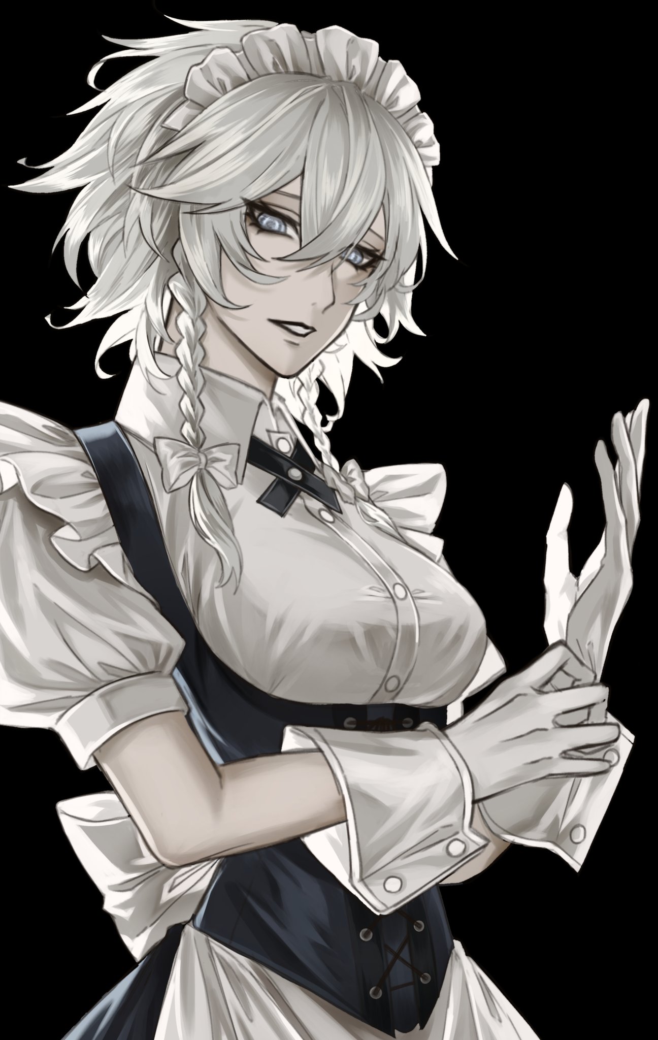 The Big ImageBoard (TBIB) - 1girl adjusting clothes adjusting gloves black background black ...