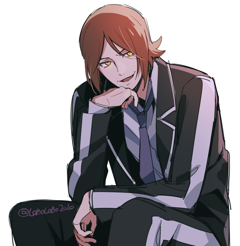 The Big ImageBoard (TBIB) - 1boy brown hair evil smile fang head rest ...