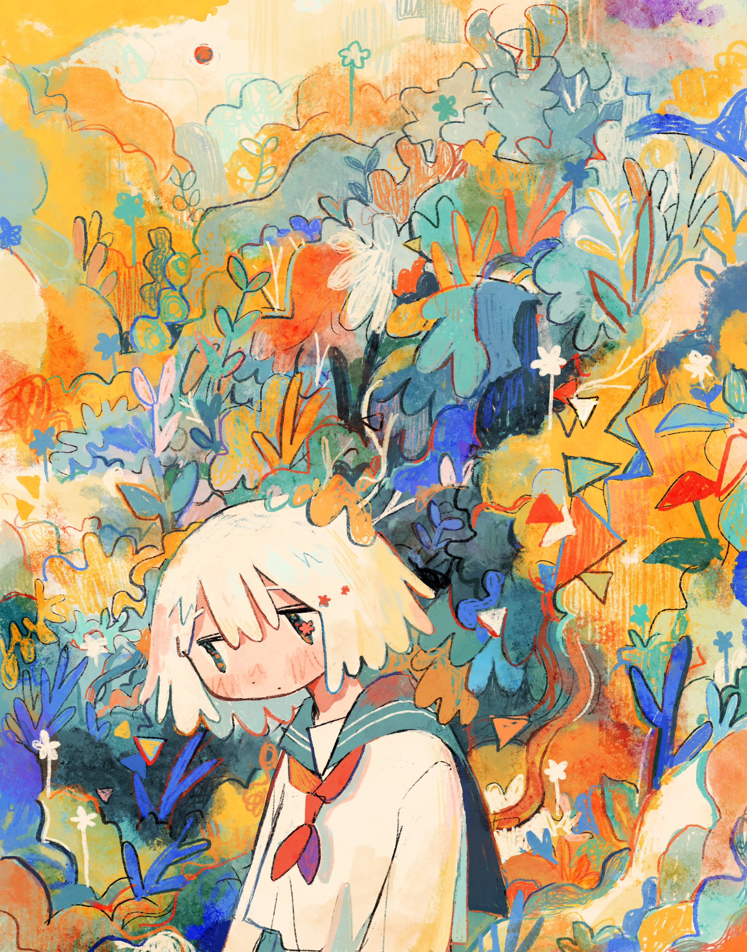 The Big ImageBoard (TBIB) - 1girl abstract background absurdres arms at sides averting eyes ...