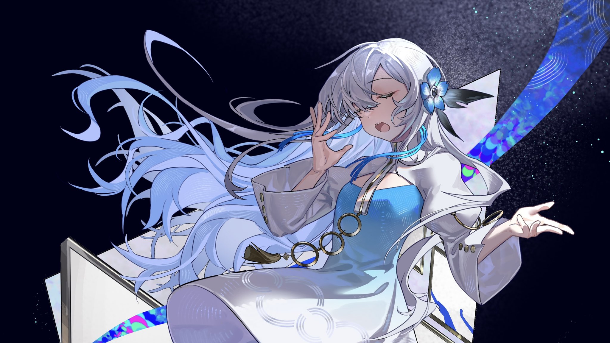 The Big ImageBoard (TBIB) - 1girl blue dress blue flower blue hair closed eyes dress floating ...