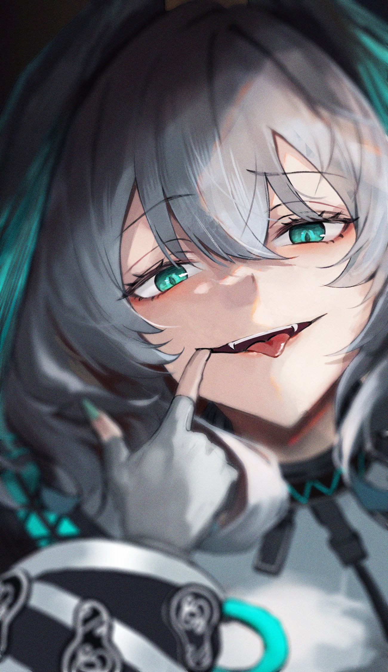 The Big ImageBoard (TBIB) - 1girl :d aqua eyes aqua nails arknights black background commentary ...