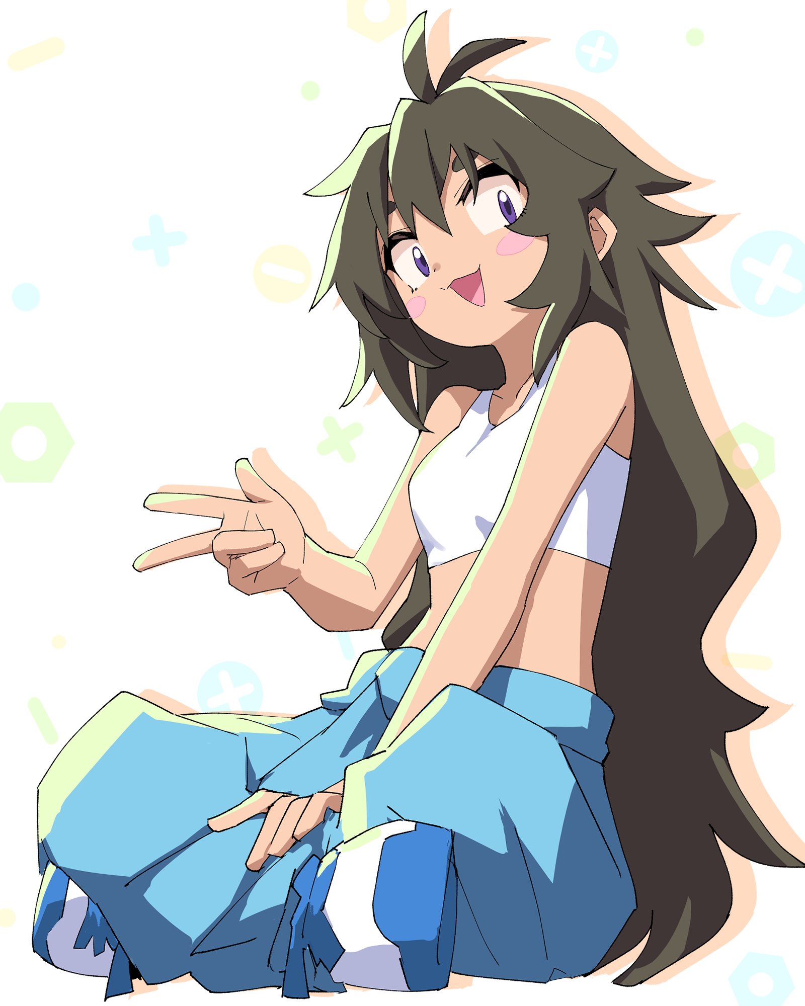 The Big ImageBoard (TBIB) - 1girl :3 antenna hair aqua pants black hair breasts crop top do it ...