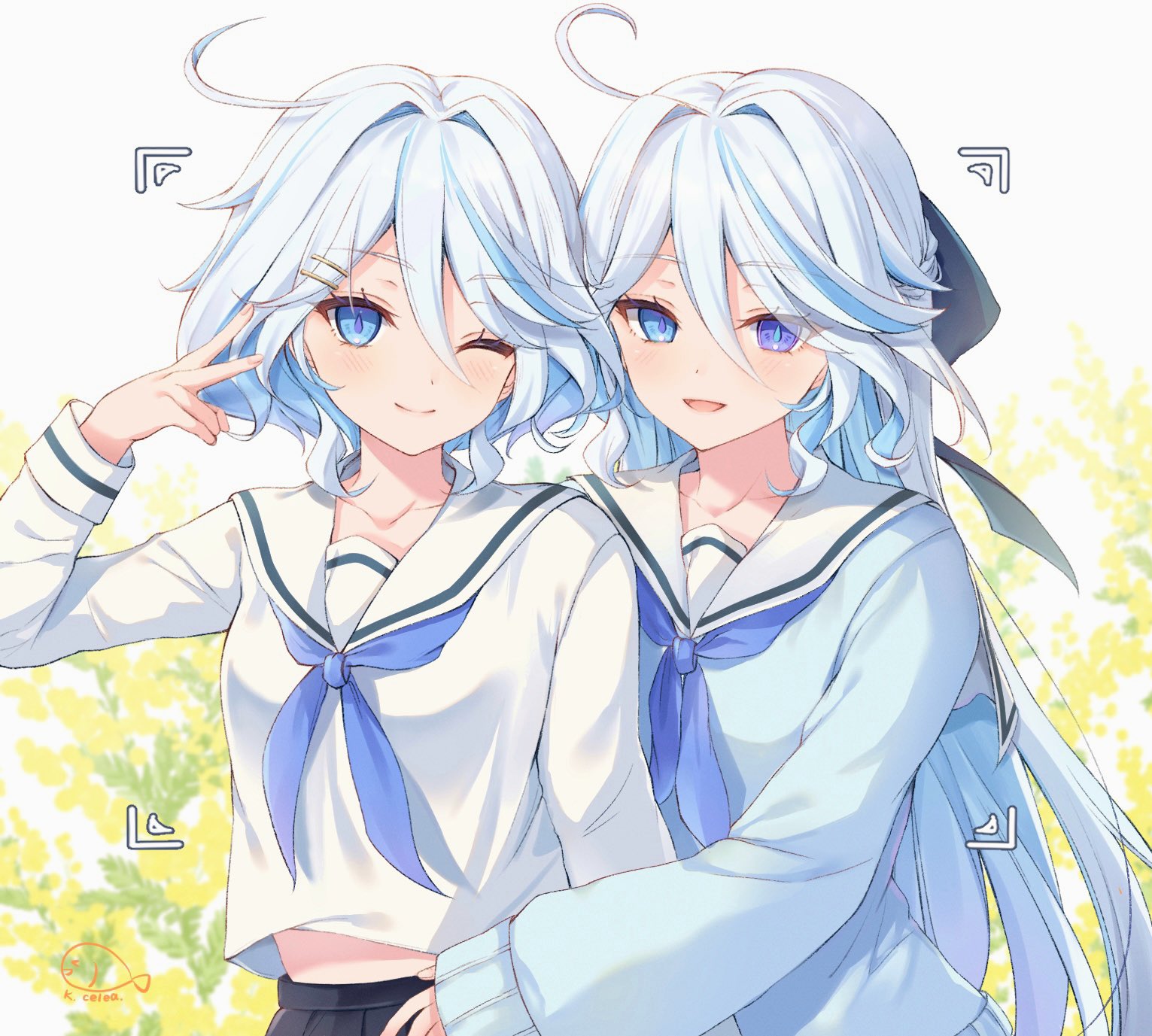 The Big ImageBoard (TBIB) - 2girls ahoge alternate costume blue eyes blue hair blush closed ...